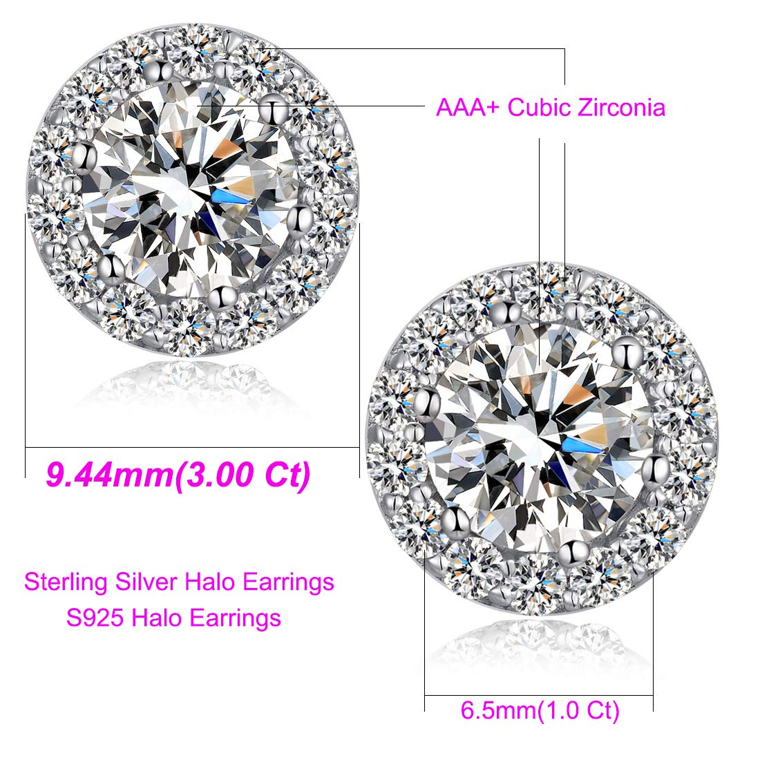 ZowBinBin Sterling Silver Round Cut Cubic Zirconia Stud Earrings, Halo Stud Earrings for Christmas Day, Valentine's Day, Anniversary, Birthday and Wedding/Engagement White