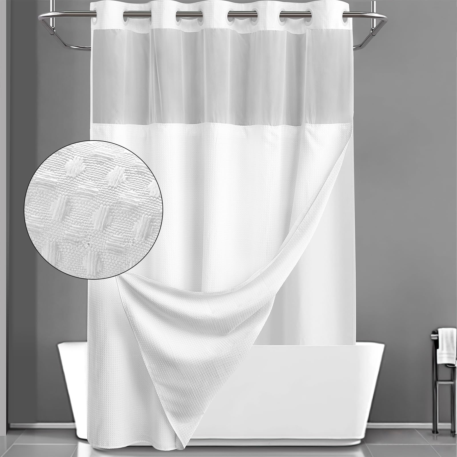YellyHommy No Hook Shower Curtain with Snap in Liner Set White Waffle Shower Curtain for Bathroom 75" L x 78" W