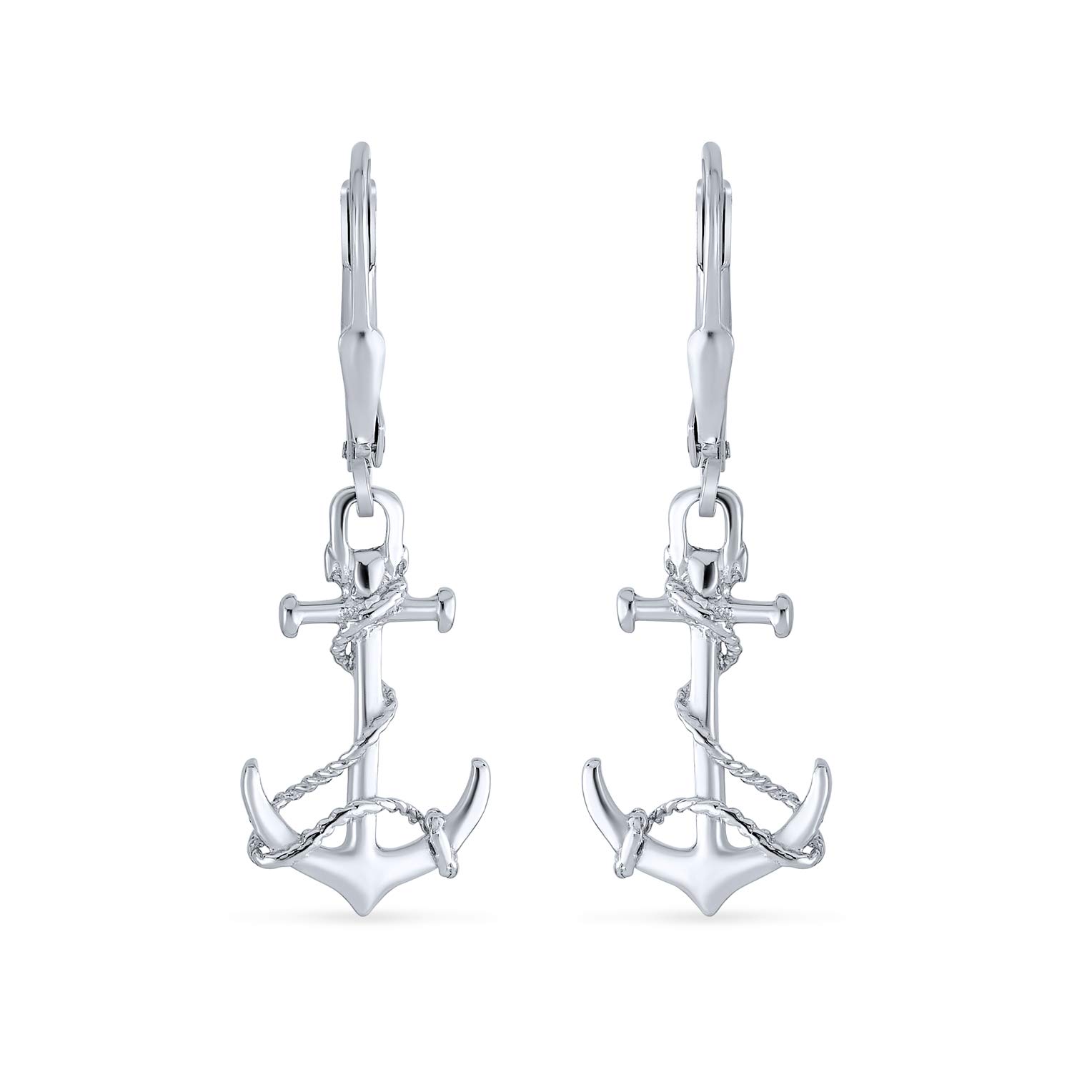 Tropical Beach Vacation Honeymoon Simple Nautical Boat Rope Anchor Lever Back Dangle Earrings For Women Teen .925 Sterling Silver