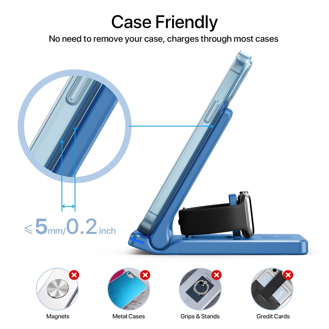 Wireless Charging Station, 3 in 1 Wireless Charger Stand, Fast Wireless Charging Dock for iPhone 14/13/12/11/Pro/X/Max/XS/XR/8/Plus, Apple Watch7/6/5/4/3/2/SE, Airpods 3/2/Pro(Blue)