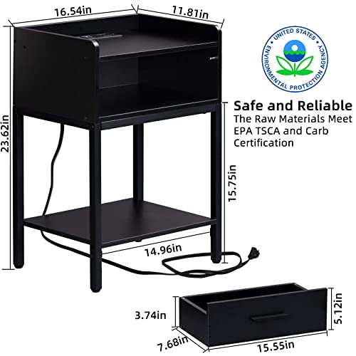 YAHARBO Nightstand with Charging Station and USB Ports, 3-Tier End Side Table with Storage Drawer and Shelf, Bedside Night Stand for Bedroom- Black