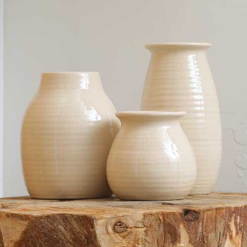 White Vases for Decor - Rustic Home Decor, Modern Farmhouse Decorations - Ceramic Vase for Fireplace Decor - Vases for Flowers, Rustic Decor for Living Room - Farmhouse Decor for The Home, Set of 3