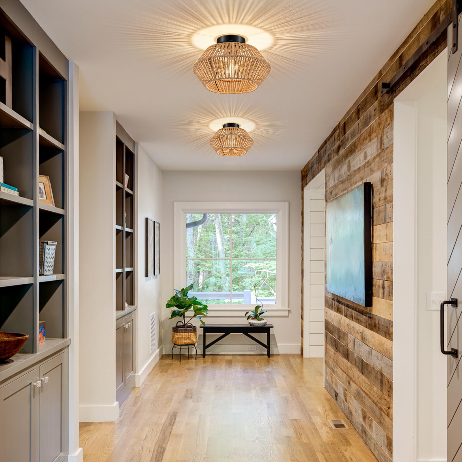 WOKNOS Rattan Semi Flush Mount Ceiling Light, Black Rope Cage Boho Light Fixture, Farmhouse Mini Ceiling Lamp for Bedroom, Hallway, Entryway, Kitchen