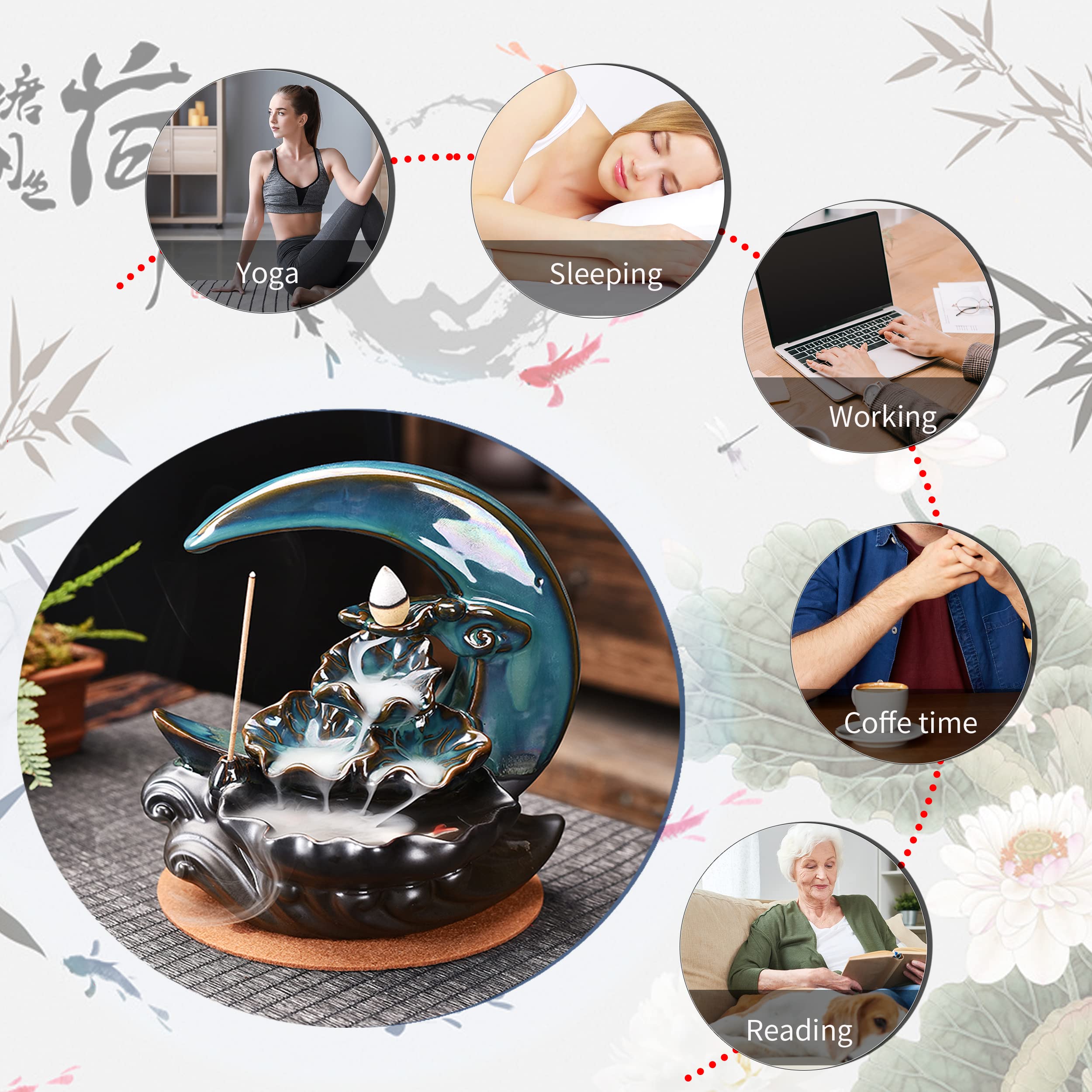 Zvaiuk New Moon Backflow Incense Holder, Ceramic Hand-Made Incense Fountain Burner with 100 Backflow Incense Cones,Fragrance Incense Stick,mat,Aromatherapy Home Decoration