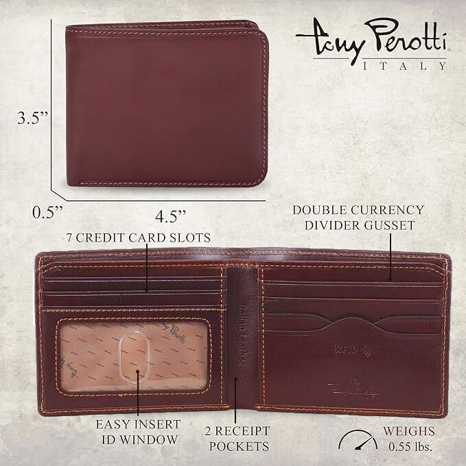 Tony Perotti Men's Italian Leather Bifold Wallet With Card Holders, Pockets, ID Window - Eco-Friendly Vegetable-Tanned Full Grain Leather Wallet Made in Italy