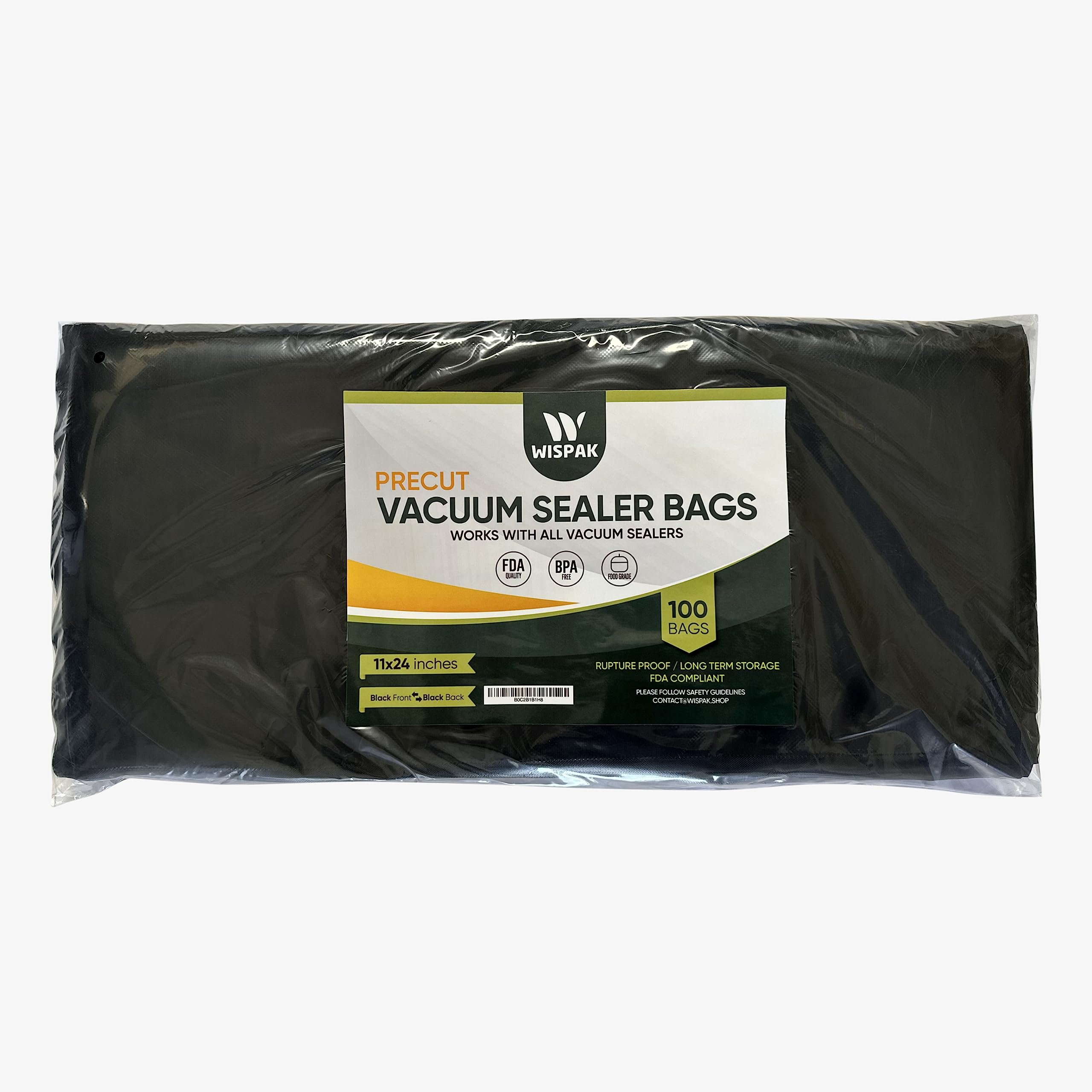WISPAK Vacuum Sealer Bags food grade BPA free vac seal Clear/Clear 2 pack or 100 pieces (Black/Black, 11x50)