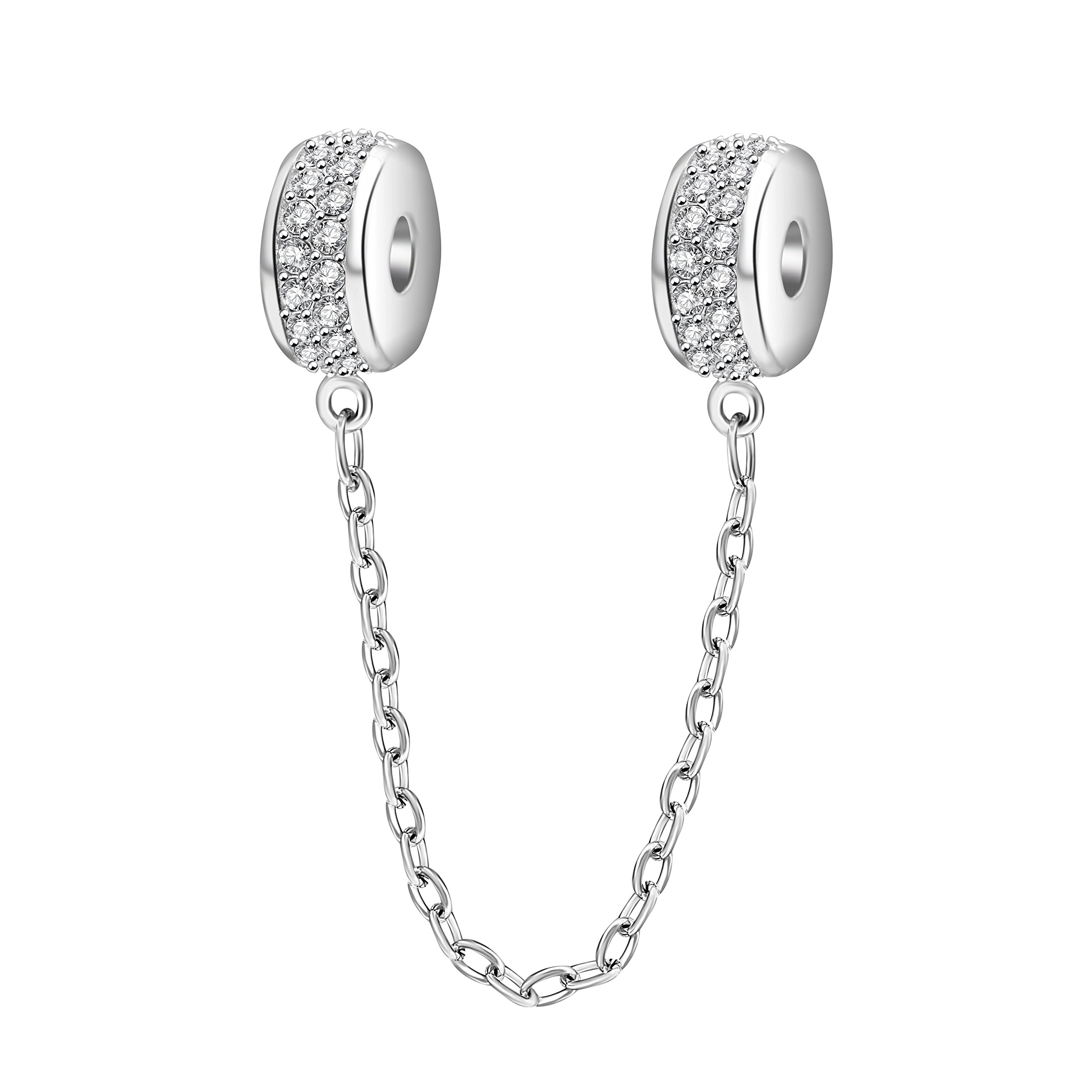 SOUKISS Clear Crystal 925 Sterling Silver Clasp Safety Chain Bead Charm for Charms Bracelet, Xmas Gifts