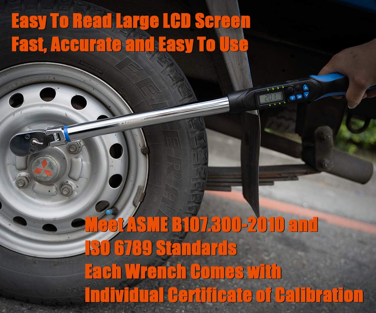 Summit Tools 1/2 inch UltraPrecision Flex-Head Digital Torque Wrench, 12.5-250.7 ft-lbs Range Accurate to ±2%, Buzzer and LED, LCD Display, Calibrated (WEF4-340BN)