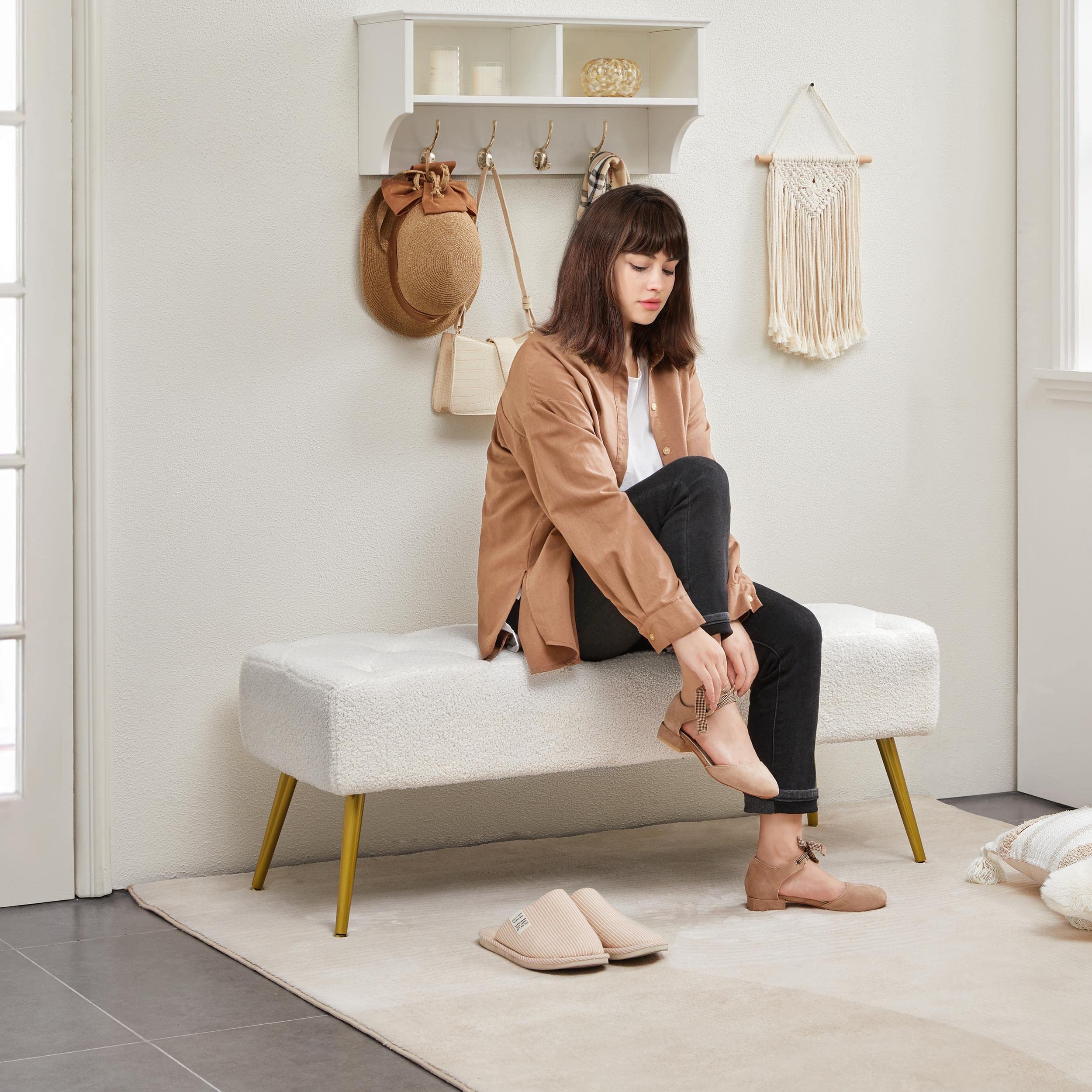 Yaheetech Modern Ottoman Bench Boucle Bench Upholstered Footrest for Living Room with Gold Metal Legs and Padded Seat Ivory
