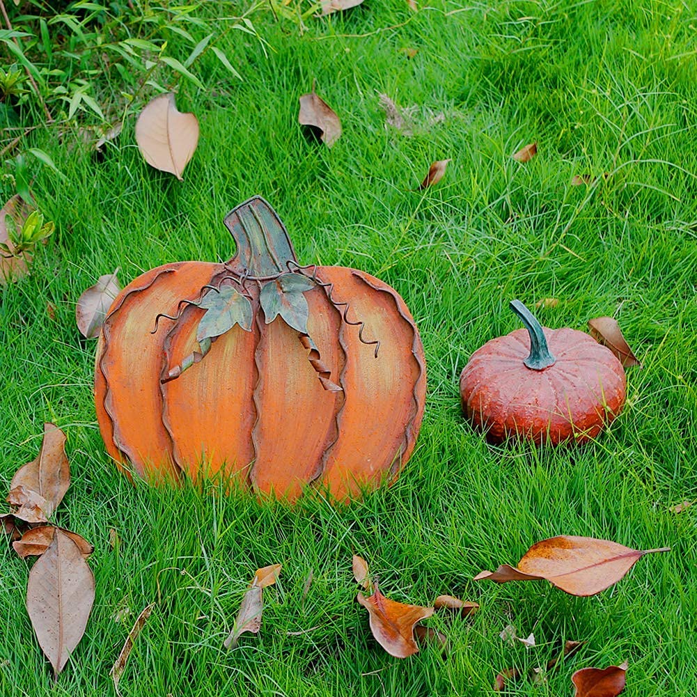 WHY Decor Metal Flat Pumpkin Decor Standing White Pumpkin Indoor Outdoor Autumn Fall Thanksgiving Harvest Halloween Home Decor for Yard Garden 19" H