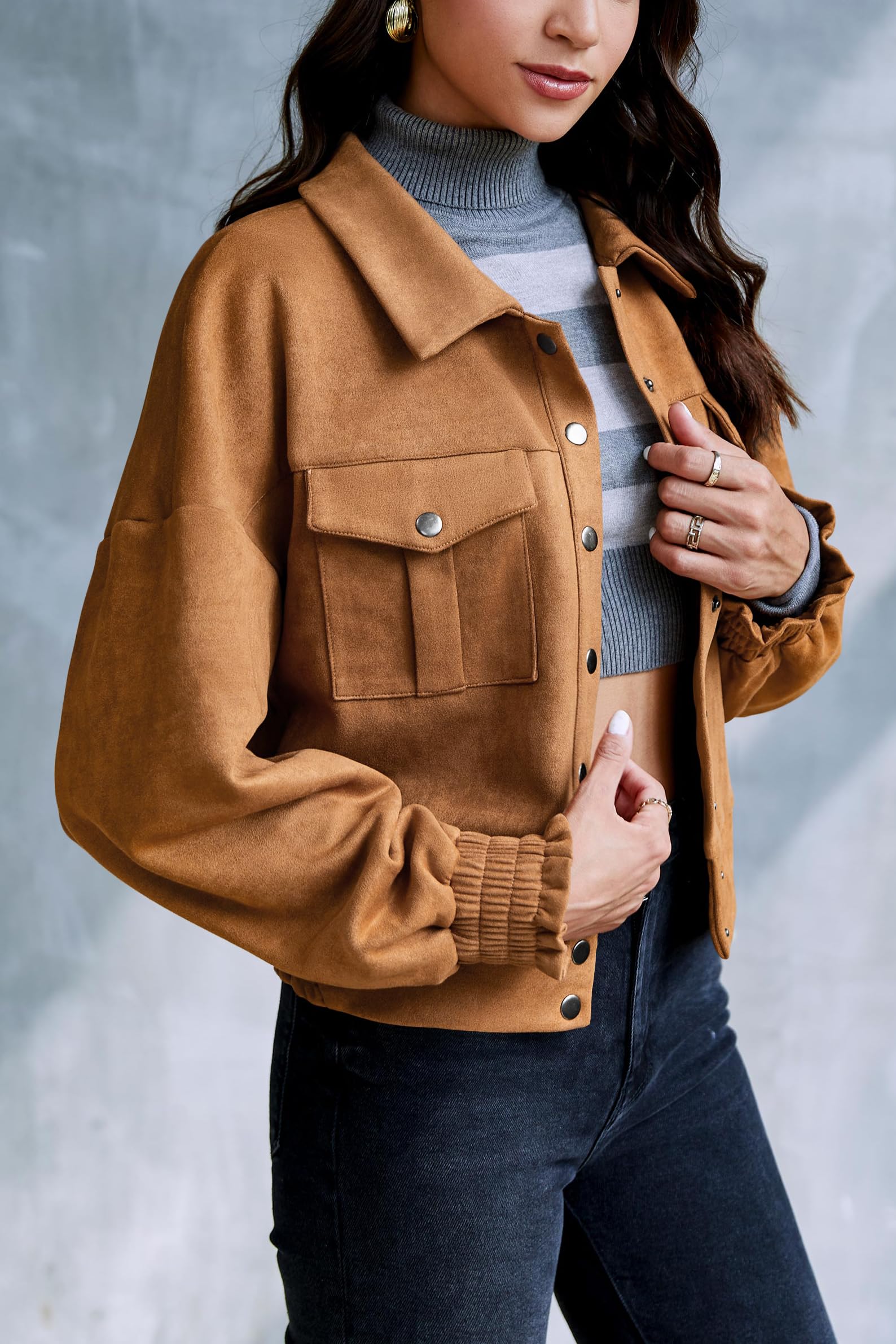 Women's Military Safari Cropped Jackets Button Down Oversized Utility Anorak Coat with Pockets Green,M