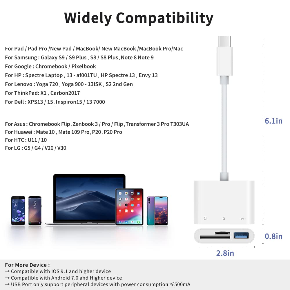 USB C SD Card Reader, Camera Memory Card Reader USB C to USB Compatible with iPad Pro/New MacBook/iMac 7/Samsung Chromebook Micro TF/SD Card Reader USB C Adapter for More USB C Device.
