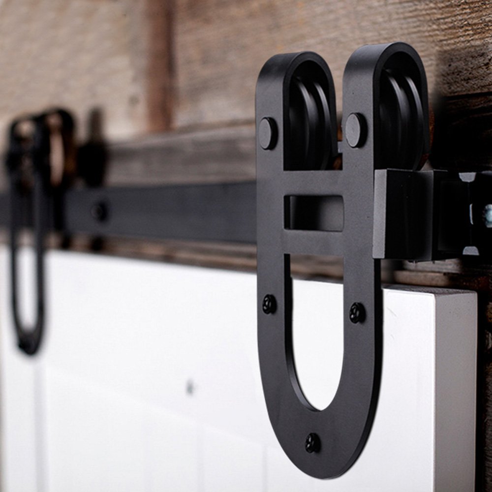 WINSOON Black Sliding Barn Door Hardware Roller Kit Set Antique Horseshoe Double Hanger Rollers Compatible with 1 3/8-1 3/4" Door Panel