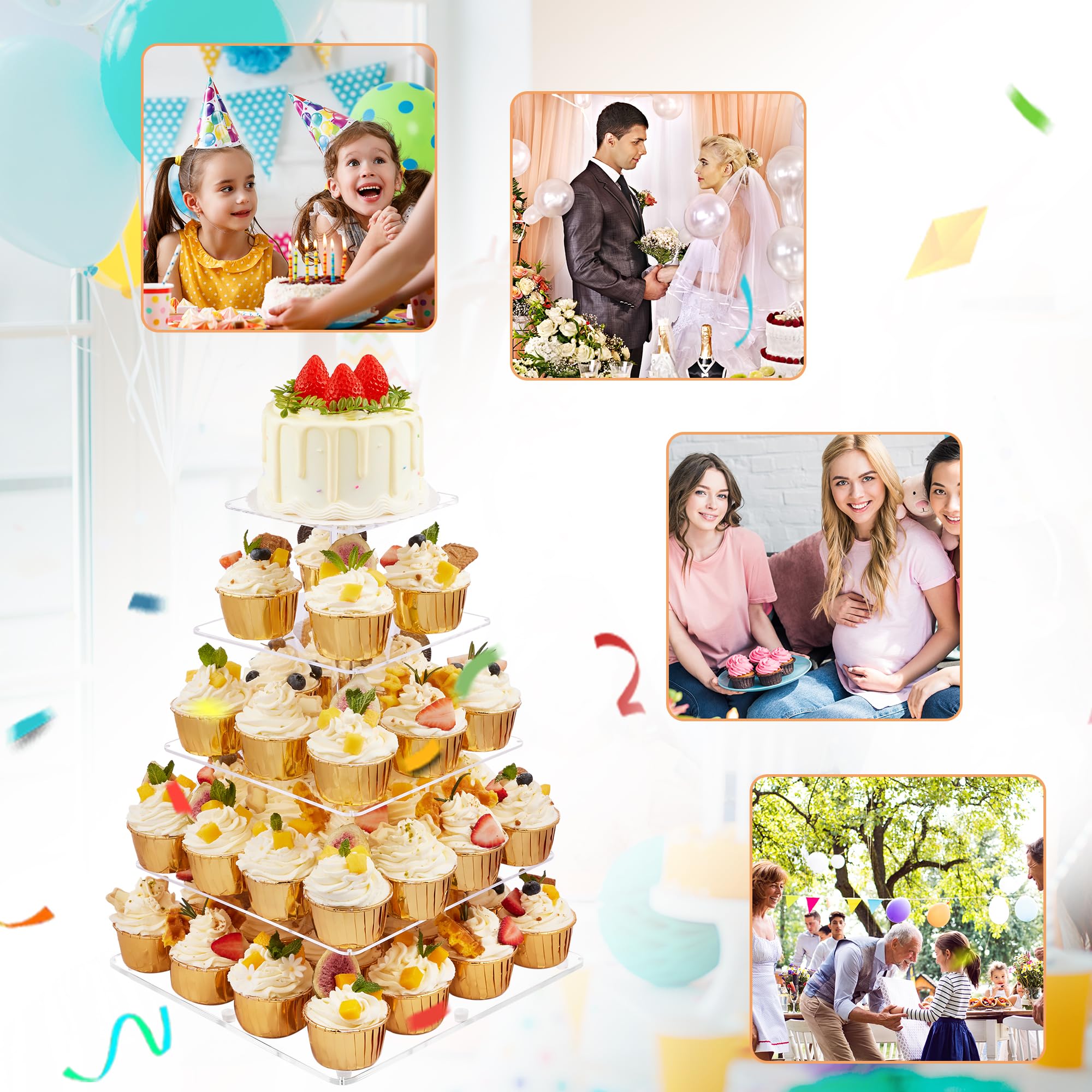 upsimples 5 Tier Acrylic Cupcake Stand, Dessert Tower for 56 Cupcakes, Square Cupcake Display Stand with Yellow LED Light for Birthday, Baby Shower, Tea Party and Wedding Décor