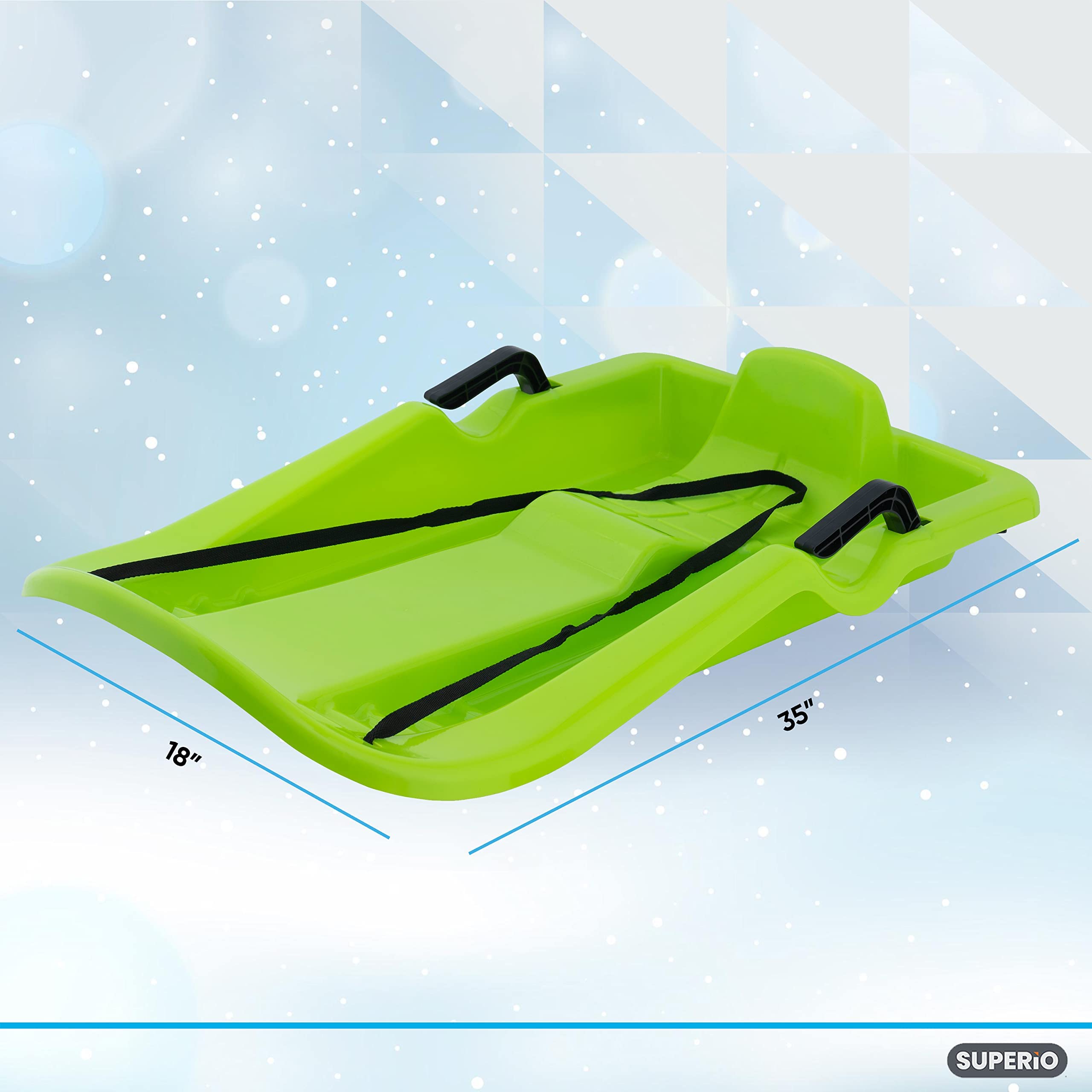 Superio Downhill Snow Sled with Brake Handles for Kids, 35β Toboggan Plastic Sleigh with Pull Rope, Green. (2)