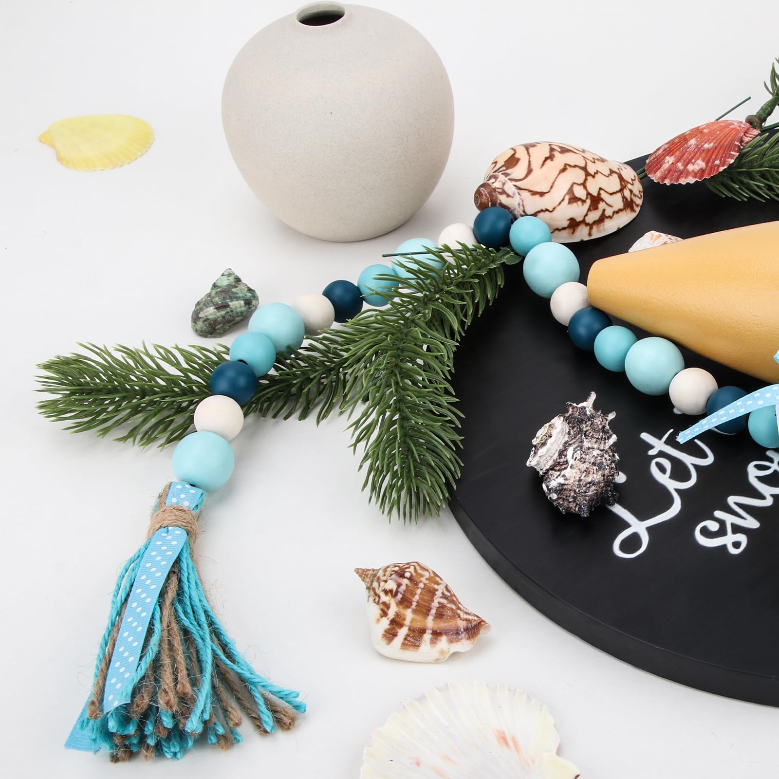 Wood Bead Garland with Tassels, 2 Pcs 3.5 Ft Handmade Natural Wood Farmhouse Coffee Table Decor Tiered Tray Decor Rustic Chic Wall Hanging, GO to The BEACH