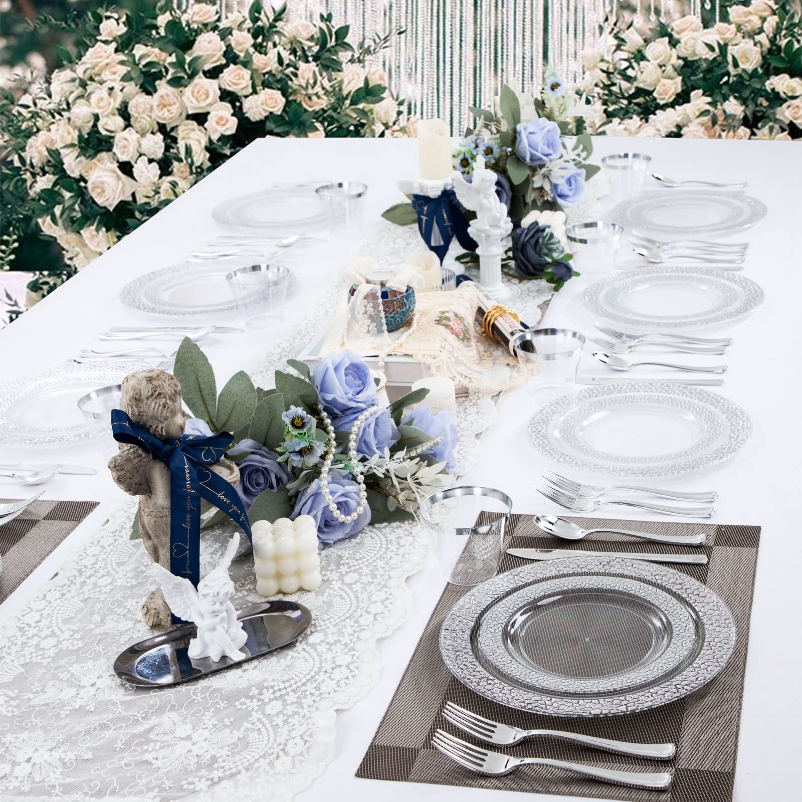 Supernal 180pcs Plastic Silver Plates, Disposable Utensils With Silverware,30 Dinner Plates,30 Salad Plates,30 Cups,30 Knives,30 Forks,30 Spoons fit for Wedding,Party