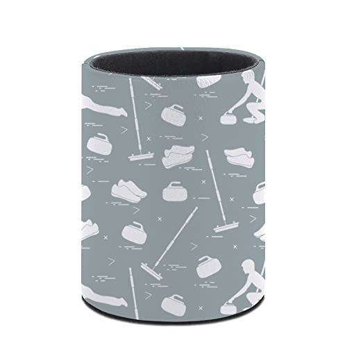 Winter Curling Sports Athlete Pen Holder PU Leather Pencil Cup Cute Desk Organizer Makeup Brush Box for Home Office