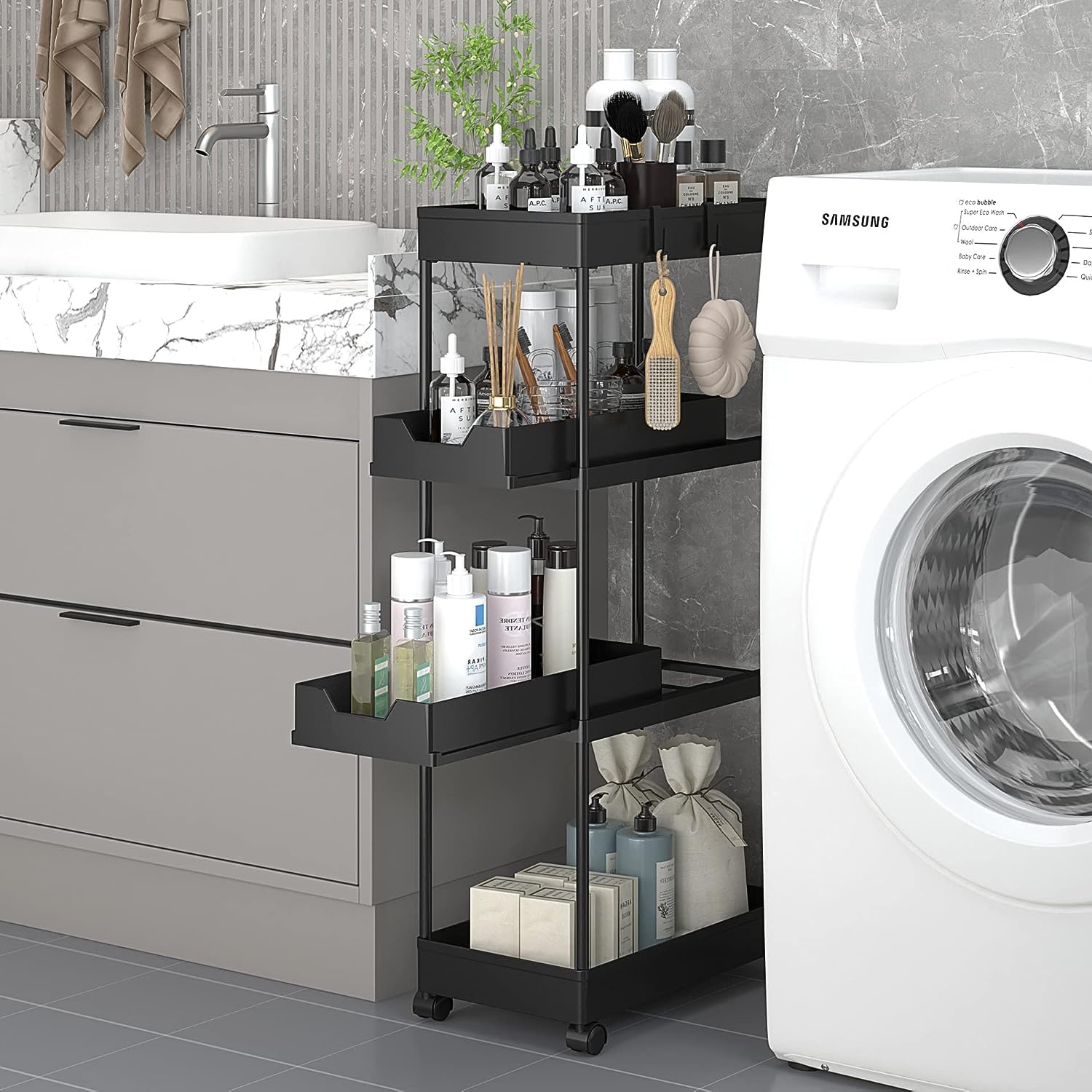 SVOHZAV Slim Storage Cart with Lockable Wheel, Standing Shelves with Removable Baskets, 4 Tier Rolling Cart, Mobile Versatile Organizer for Laundry, Bathroom, Kitchen, and Narrow Places (black)