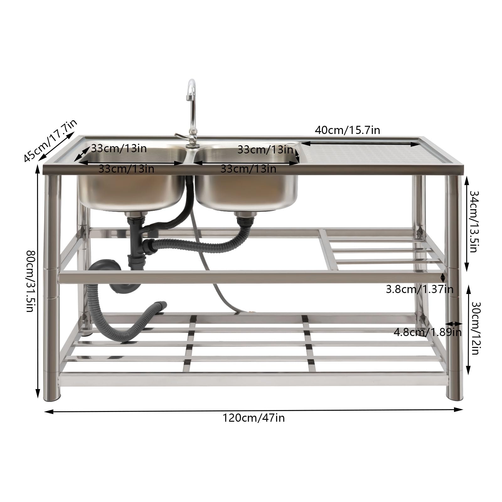 WINUS Free Standing Stainless-Steel Double Bowl Commercial Restaurant Kitchen Sink Set w/Faucet & Drainboard, Prep & Utility Washing Hand Basin w/Workbench & Double Storage Shelves Indoor Outdoor