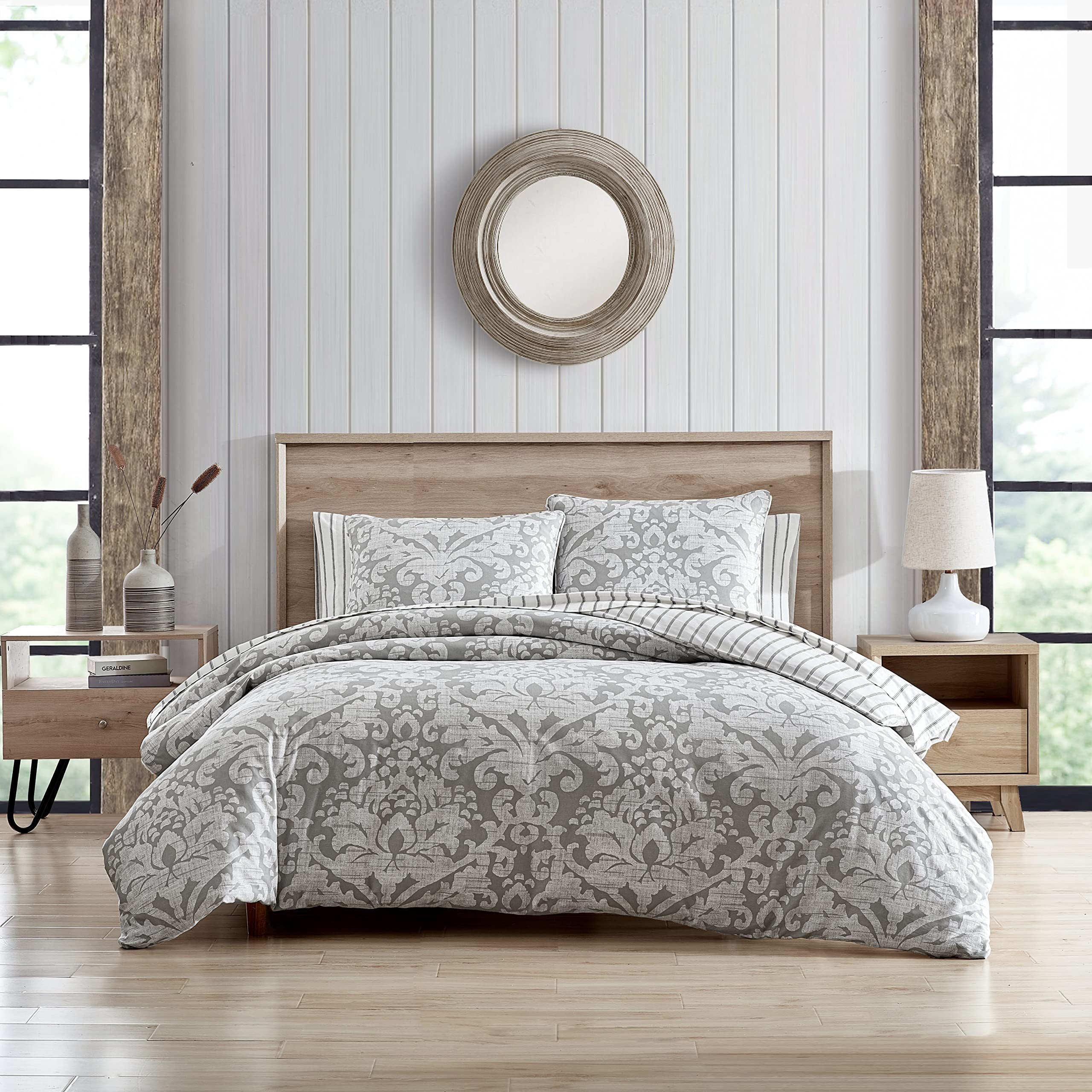 Stone Cottage - King Comforter Set, Reversible Cotton Sateen Bedding with Matching Shams, All Season Home Decor (Camden Grey, King)
