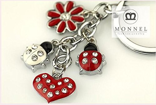 Z395E MONNEL Crystal Red Style Ladybug Heart Lily Charms Key Ring Keychain