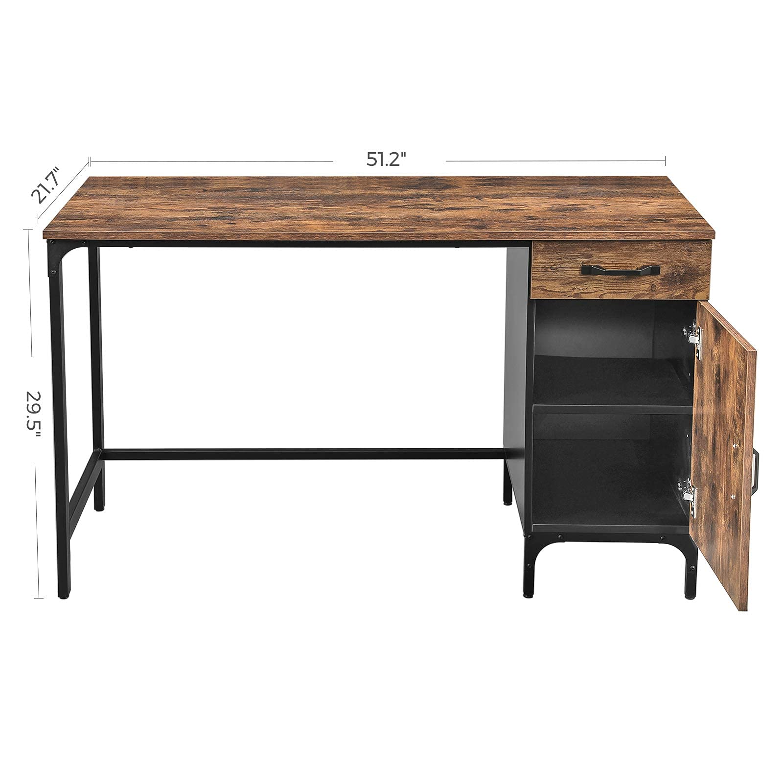 VASAGLE Computer Desk, Writing Study Table with Drawer and Cabinet for Home Office, 51 Inches Industrial Style PC Laptop, Simple Assembly, Black Metal Frame, Rustic Brown ULWD51X