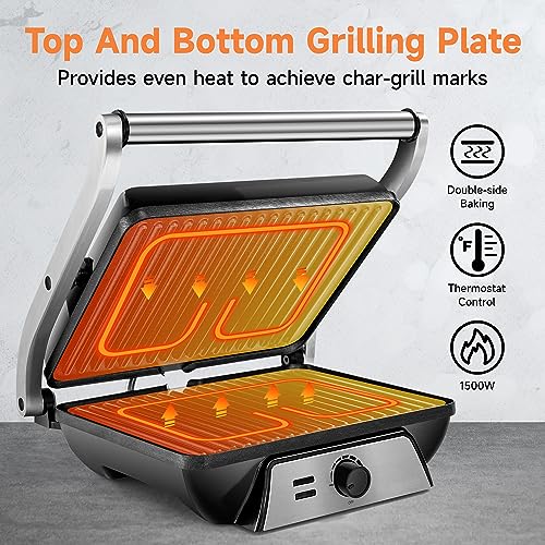 SUSTEAS Panini Press Grill - Sandwich Maker with Non-Stick Cooking Plate, Electric Indoor Grill that Opens 180 Degrees, Floating Hinge Panini Press Grill, Compact Design for Easy Storage
