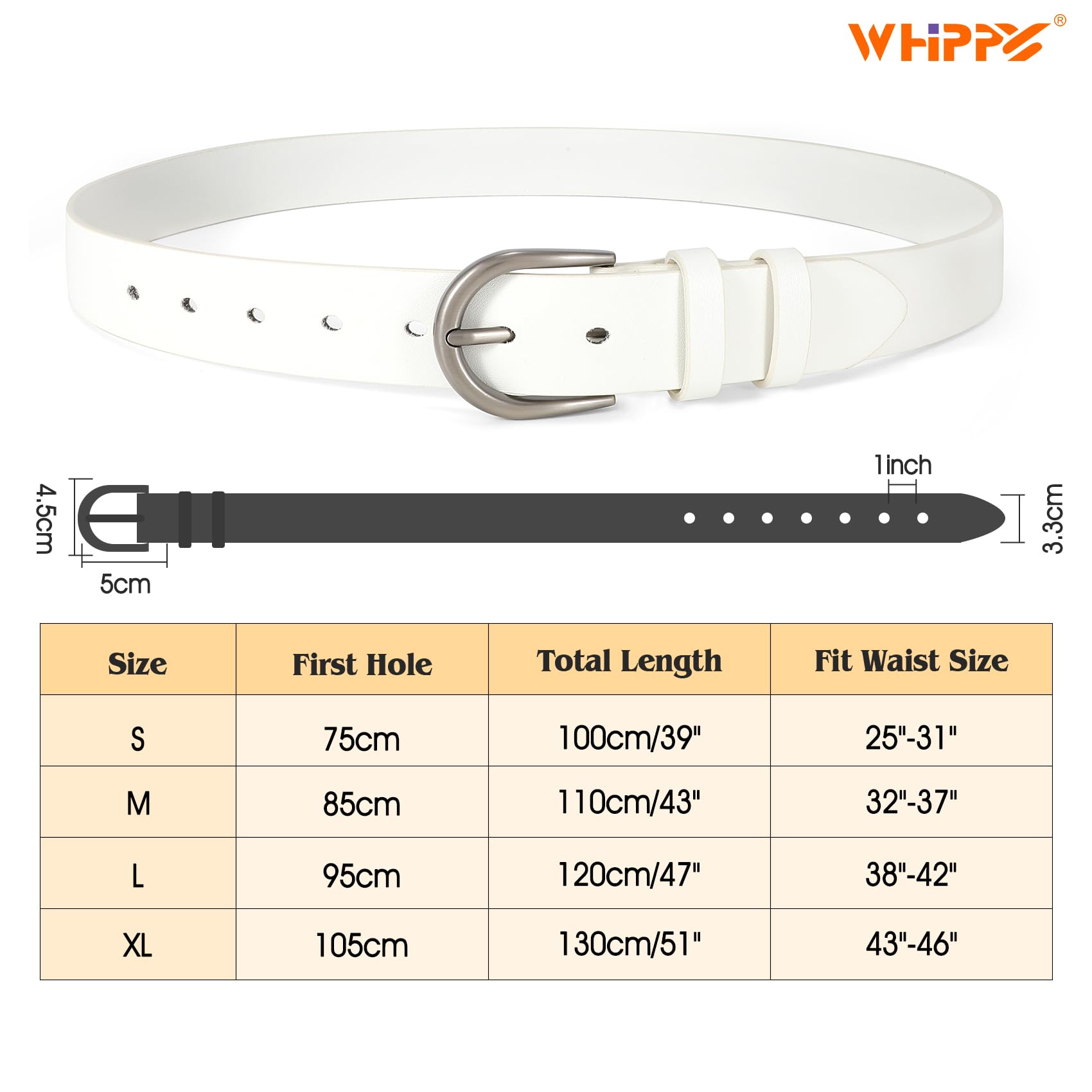 WHIPPY Women Leather Belt for Jeans Pants Dresses Fashion Ladies Western Leather Belt with Silver Buckle M White