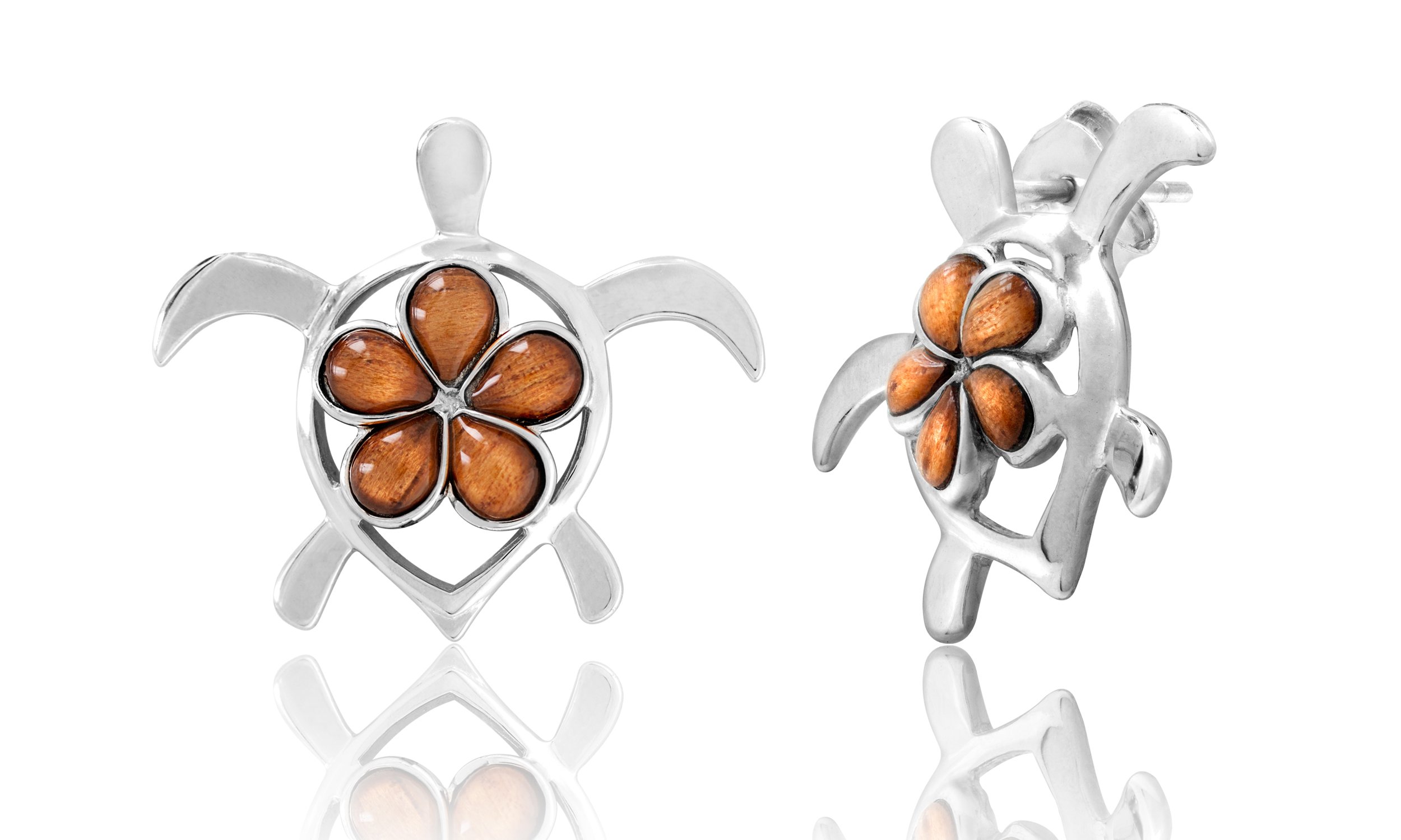 Sterling Silver Koa Wood Turtle with Plumeria Post Earrings