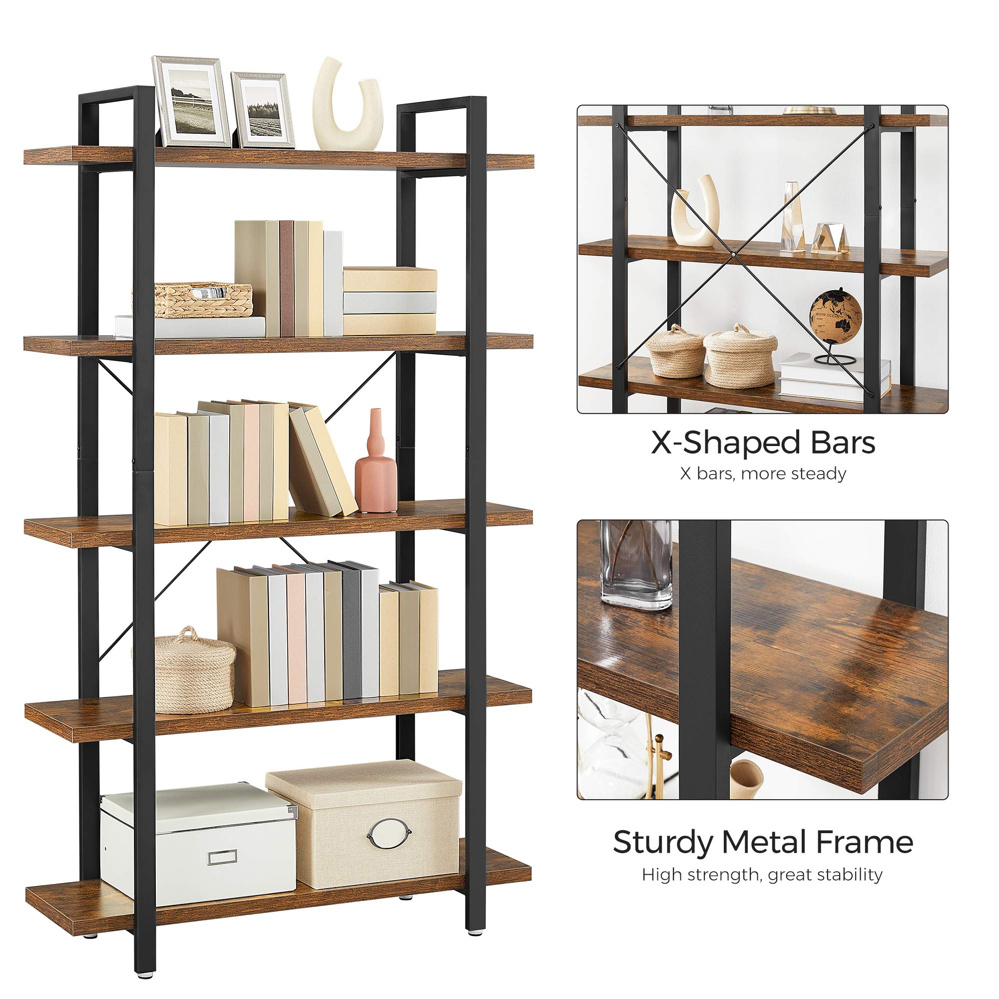VASAGLE Industrial Bookshelf, 5-Tier Bookcase, Display Rack, Stable Ladder Shelf, Easy Assembly, Living Room, Bedroom, Office, Rustic Brown and Black ULLS55BX