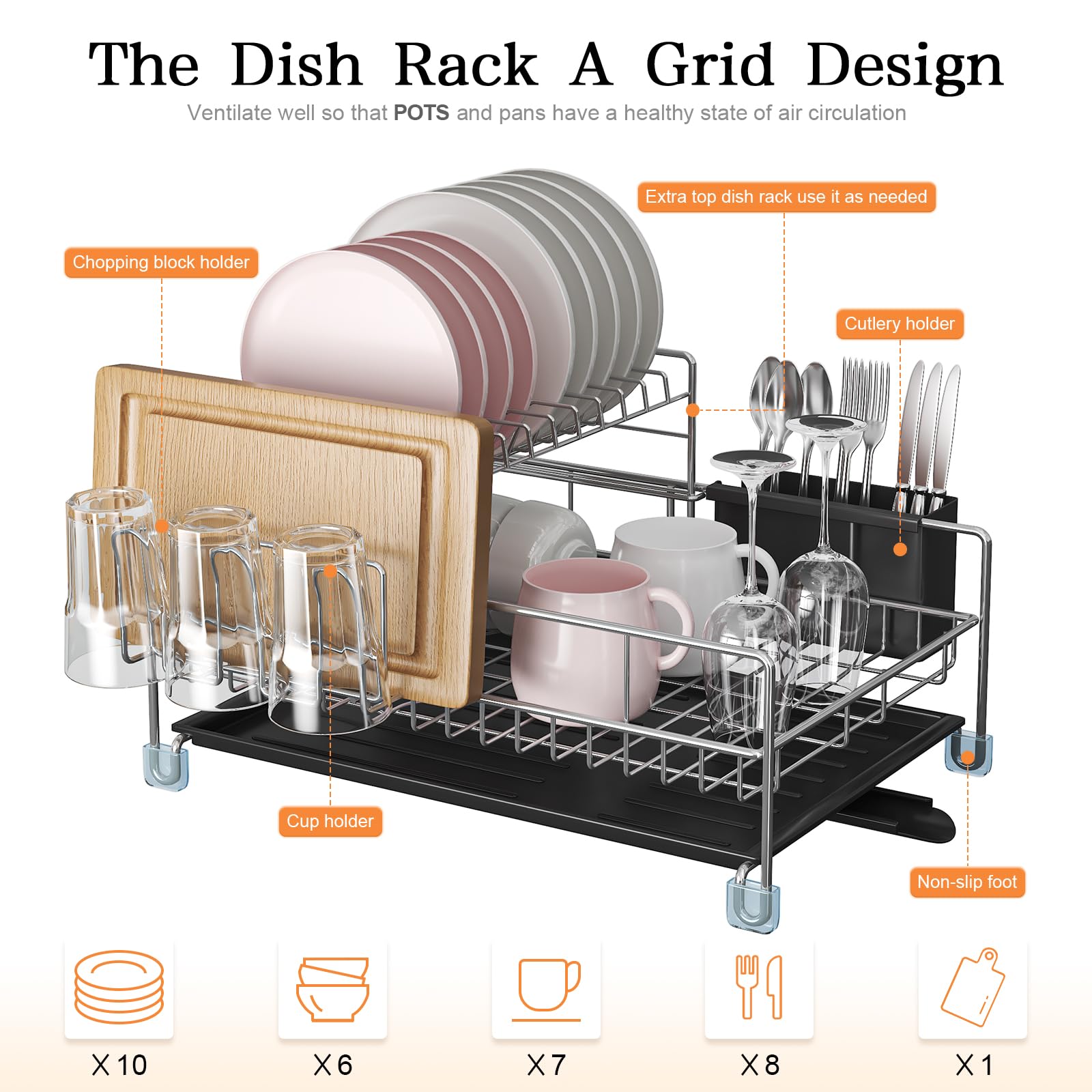 Youvip Dish Drying Rack for Kitchen Counter- Space-Saving, Extra top Dish Rack with a Cutlery Holder for Dishes, Spoons and Forks,Stainless Steel