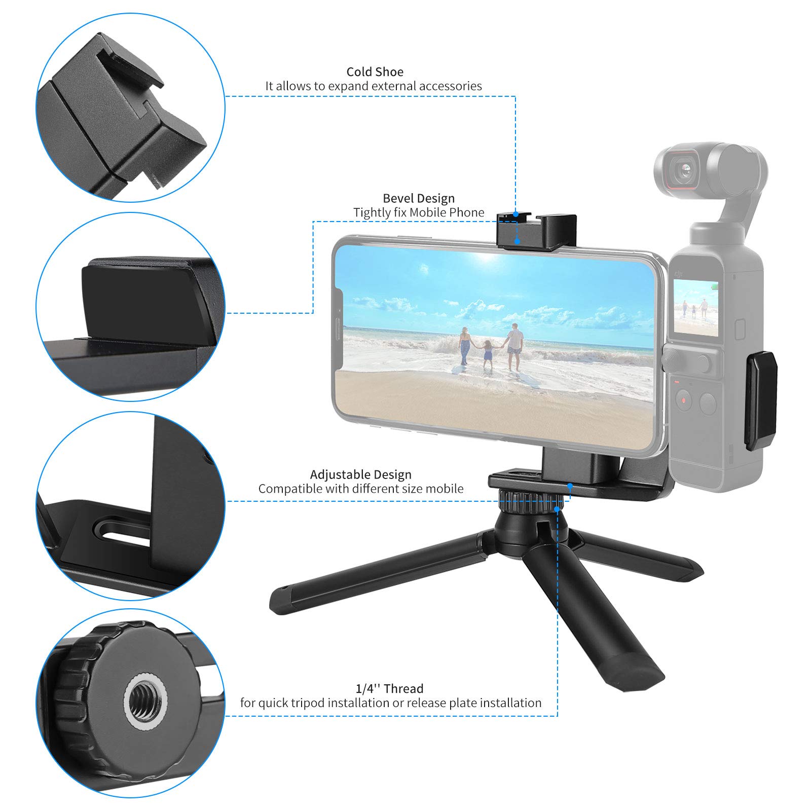 USKEYVISION Pocket Camera Mount Kit for DJI Osmo Pocket 2/1, Mount Combo for DJI Osmo Pocket 2/1 Smartphone Handheld Holder Clip w/Tripod Cold Shoe Thread Hand Strap (UVOP-A1)