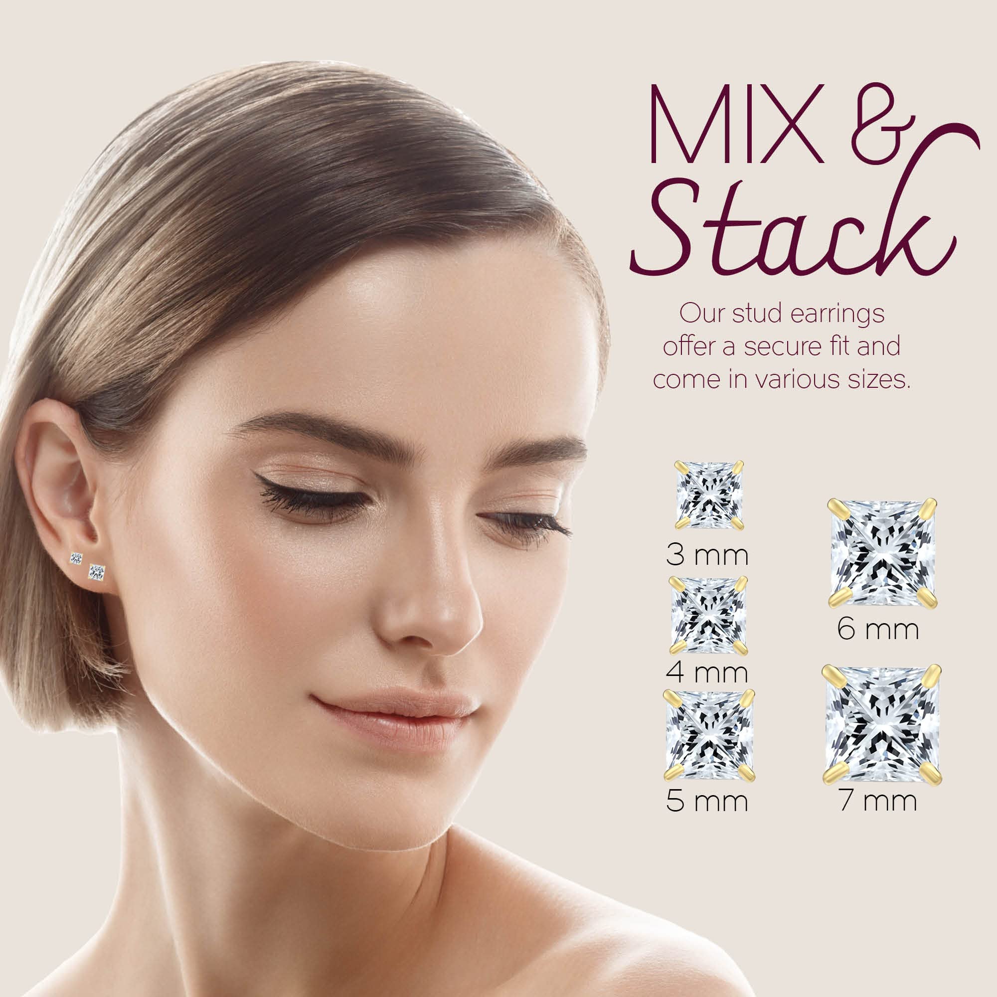 Solid 14k Yellow Gold Solitaire Square Princess-cut CZ Stud Earrings with Secure Screw-backs (5mm)