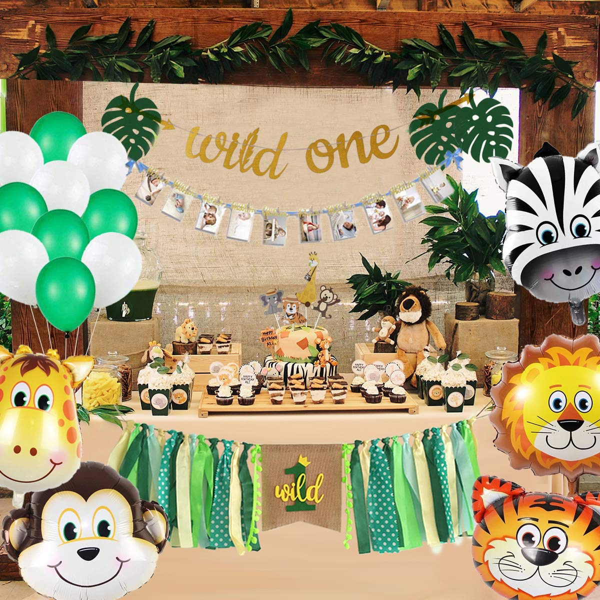 Wild One Birthday Decoration, Safari Baby First Bday Decor Kit, Jungle 1st Bday Party Balloon Set