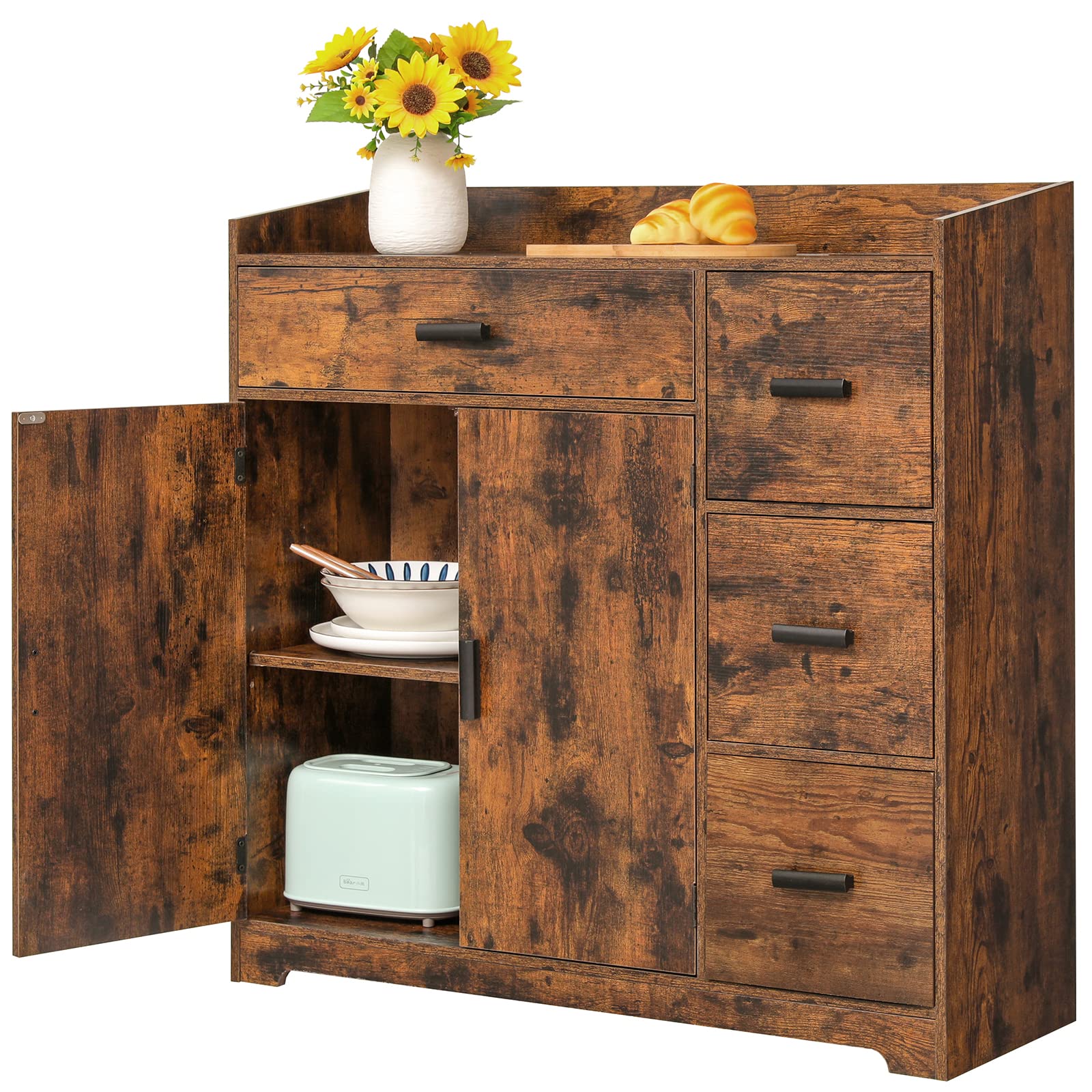 usikey Storage Cabinet with 2 Doors & 4 Drawers, Freestanding Cabinet with Adjustable Shelves, Wooden Sideboard, Accent Cabinet for Living Room, Hallway, Kitchen, Bedroom, Rustic Brown