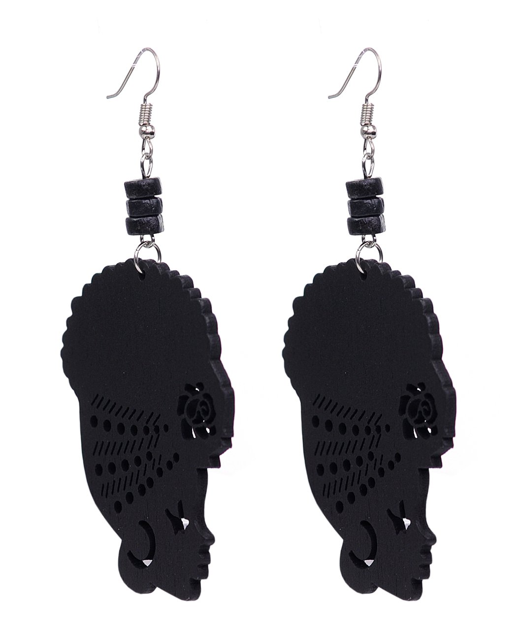 Wooden Flower Turban African Woman Head and Bead Dangle Hook Earrings - Black, Black Bead