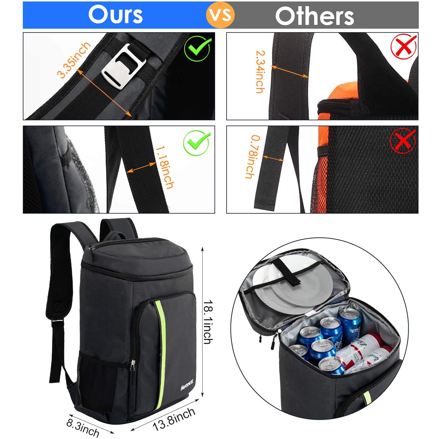Suteck 40 Cans Insulated Cooler Backpack, Leakproof Lightweight Soft Cooler Bag Backpack 34L Large Capacity for Men Women to Lunch Picnic Hiking Camping Beach Park Day Trips (Black)