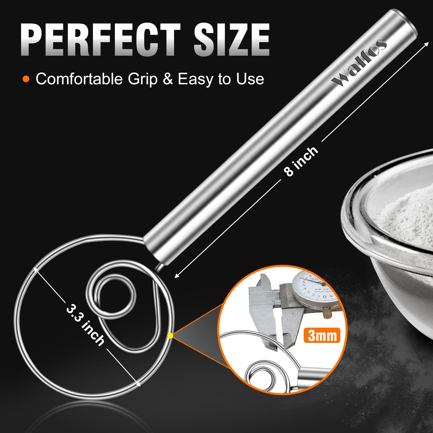 Walfos Danish Dough Whisk, Rustproof Stainless Steel Bread Whisk, Quick Mixing Bread Mixer, Dutch Dough Whisk for Cooking, Blending, Whisking, Stirring, Sourdough, Pizza, Pastry, Cake Batter(2pcs)