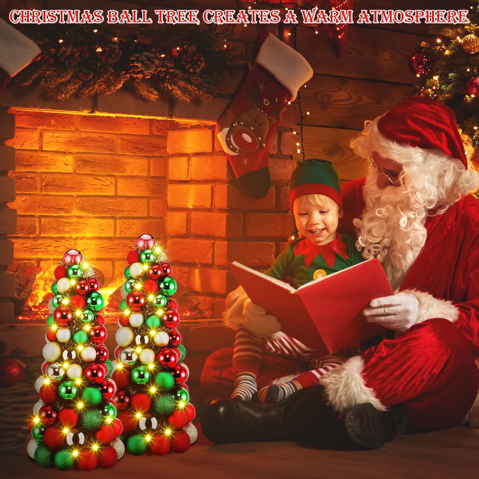 Yuxung 2 Pcs 16 Inch Christmas Ball Tree with 2 Led String Lights Mini Tabletop Cone Shaped Christmas Tree Ball Ornament Table Centerpiece for Xmas Holiday Room Decor (Red, Green and Gold)
