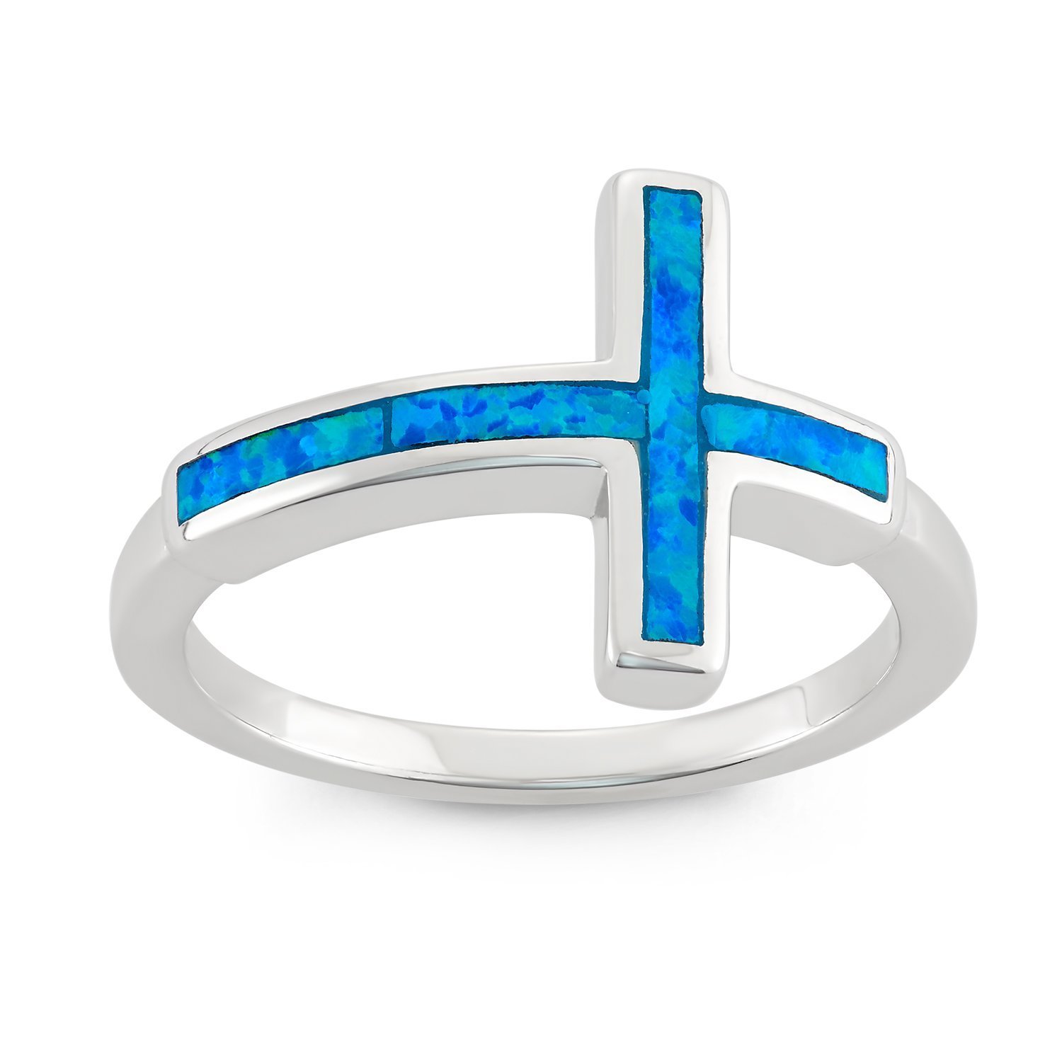Sterling Silver Created Blue Opal Sideways Cross Ring (Size 9)