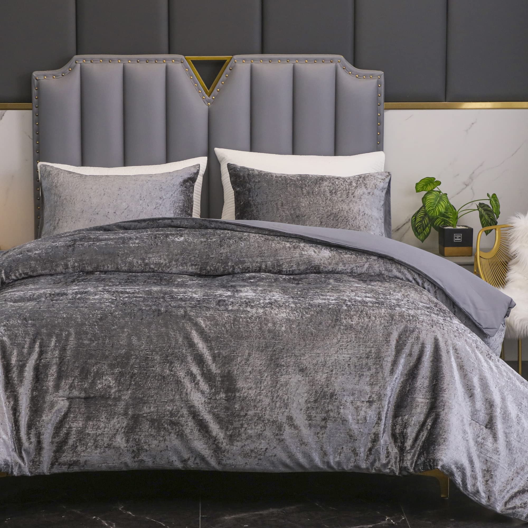 YOZEN Queen Size Korean Velvet Comforter Set Grey Gray, 3 Pieces Crushed Crinkled Luxury Textured Bedding Comforter Sets, Lightweight Microfiber Down Alternative Bed Set