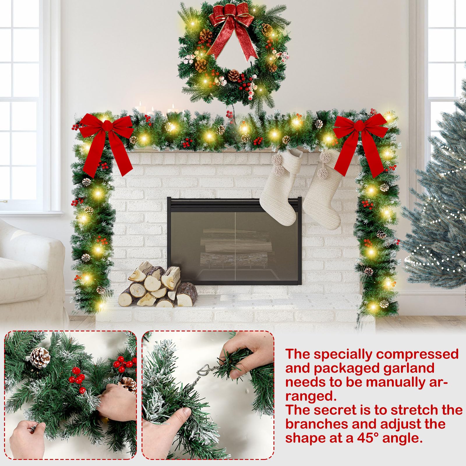 Yingzhao Christmas Wreath Decoration Kit - Includes 18ft Garland Lights, 16'' Wreath, 20 LED Lights, Mental Hanger, 2 Red Bows