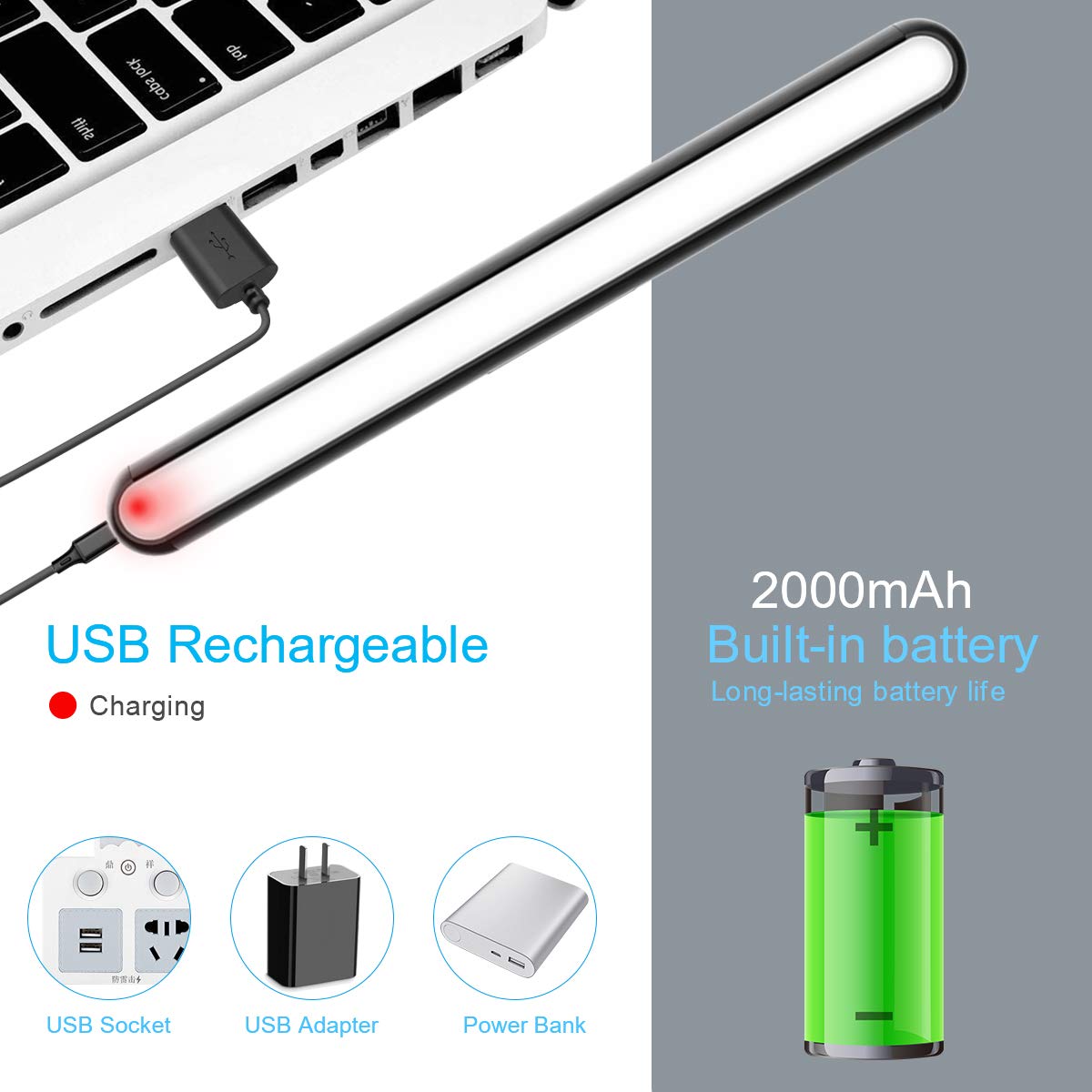WILLED Dimmable Touch Remote Control Light Bar, 5W Built-in 2000mAh Battery and Stick Magnet Mount, for Reading, Closet, Cabinet, Makeup Mirror, Bedside, Study Light