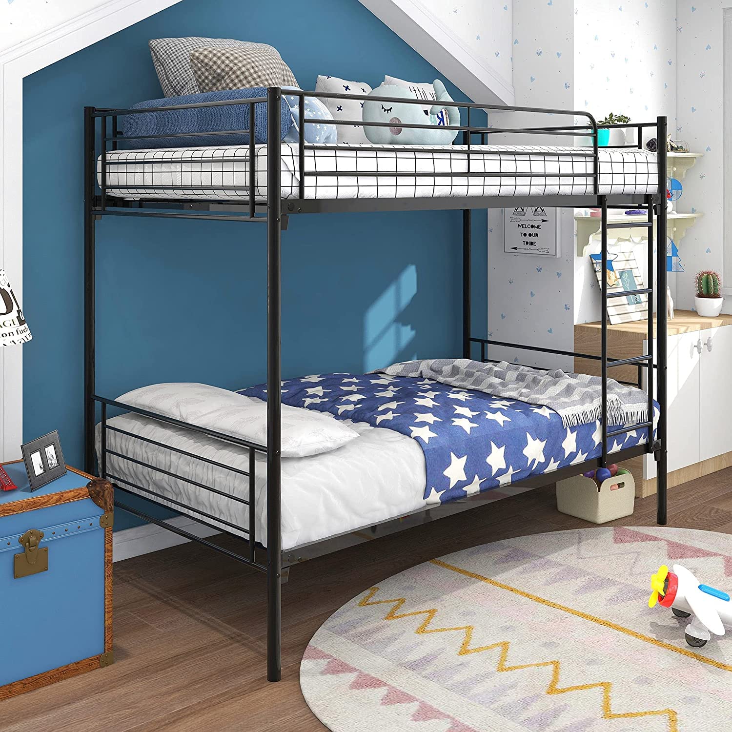 ZEROFEEL Upgraded Twin Over Twin Bunk Bed Frame, 400LBS~600LBS Weight Capacity Heavy Duty Bunk Bed, Upgraded Metal Bunk Beds for Adults Teens Children, Easy to Assemble (Black)