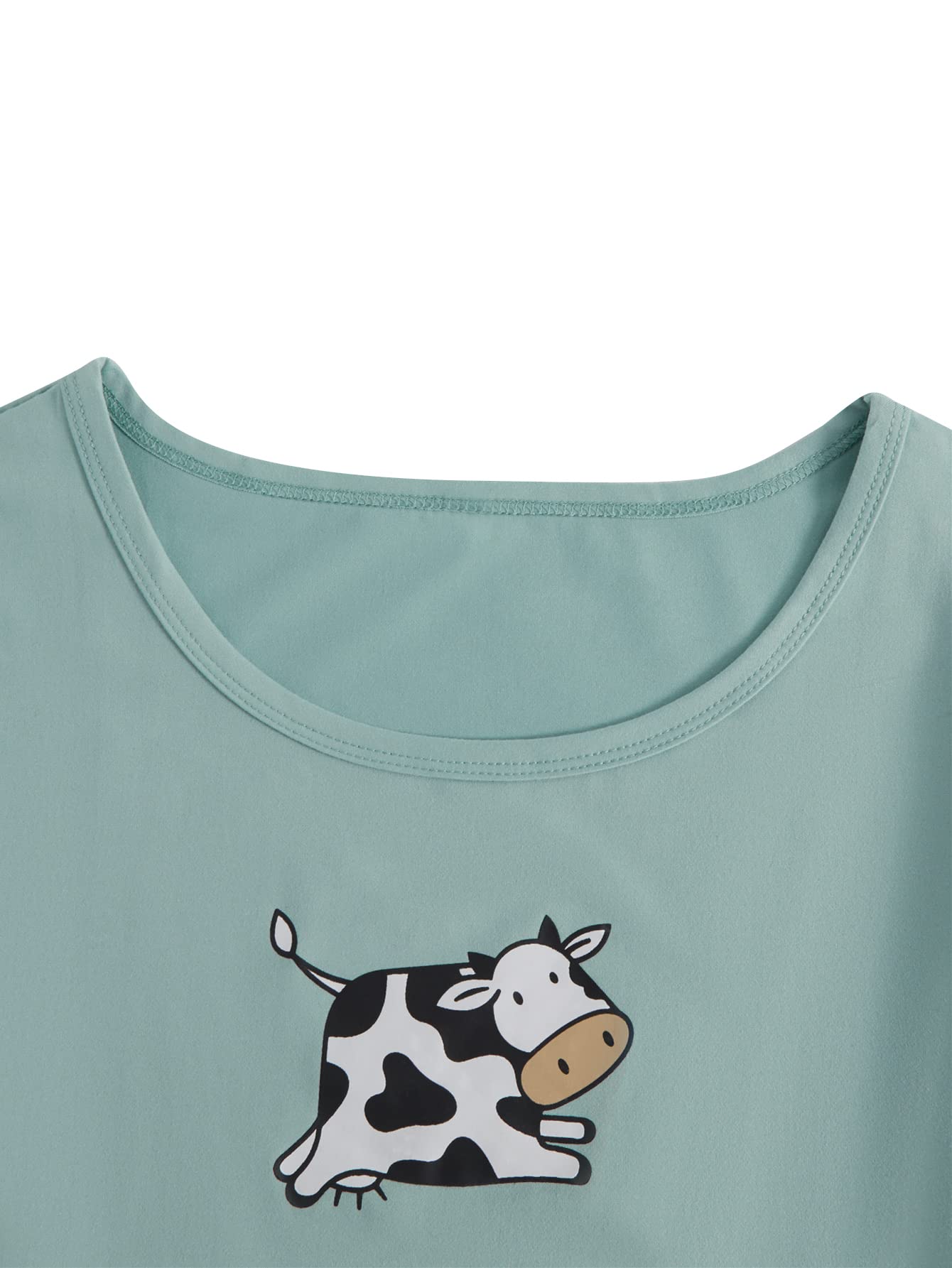 SweatyRocks Women's Cute Graphic Print Short Sleeve Crop Top with Shorts Pajama Set Blue Black Cow M