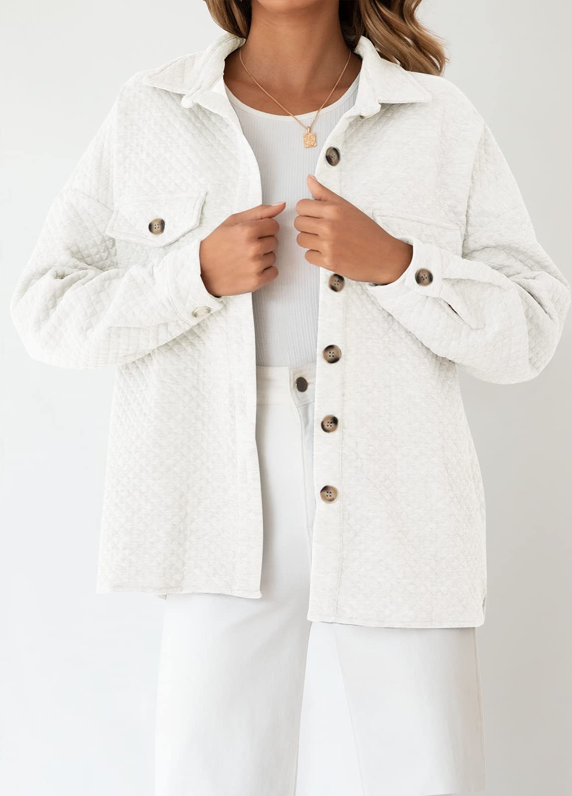 ZESICA Women's Casual Long Sleeve Button Down Loose Lightweight Shacket Shirt Jacket Coat Outerwear with Pockets,White,Medium