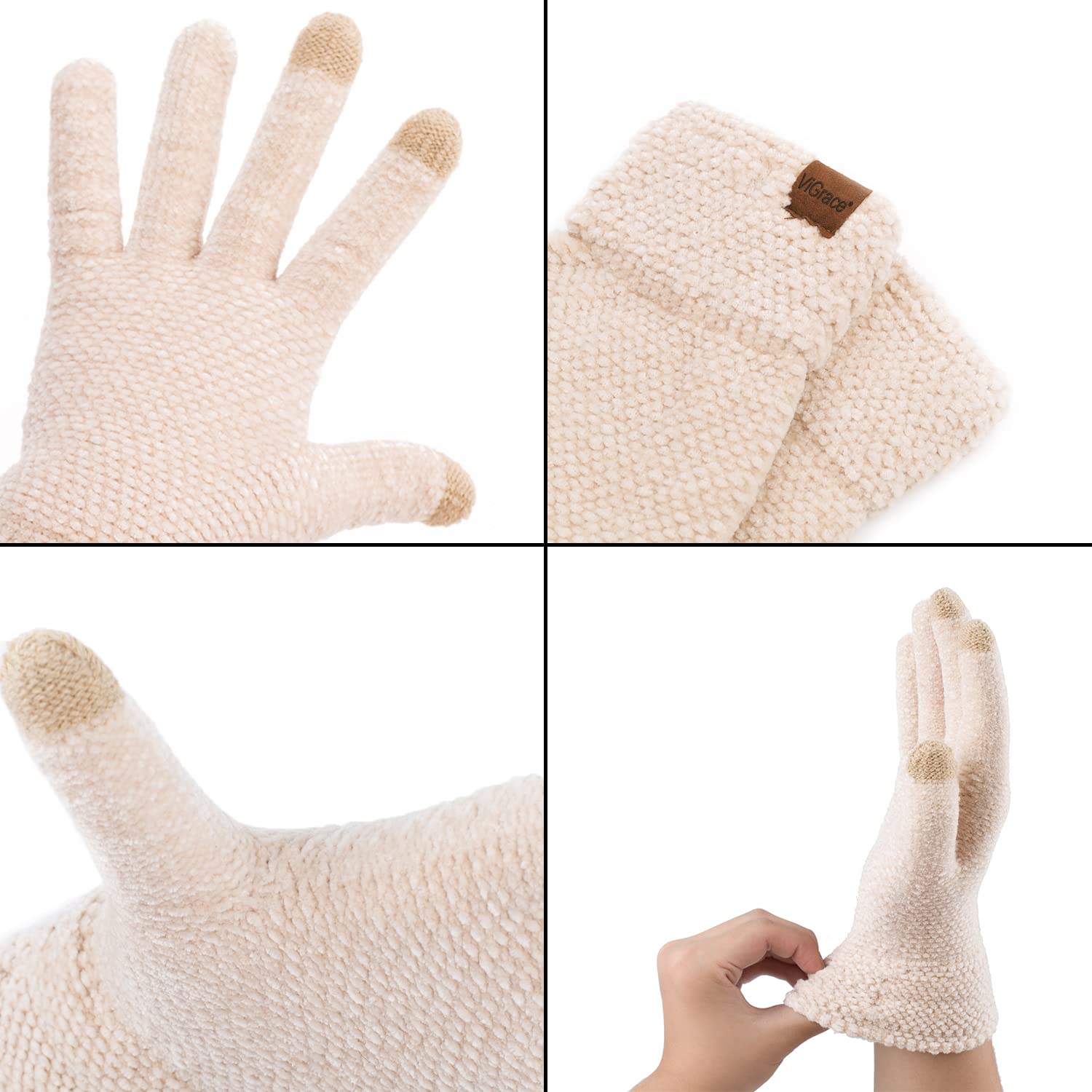 ViGrace Winter Touchscreen Gloves for Women Chenille Warm Cable Knit 3 Touch screen Fingers Texting Driving Elastic Cuff Thermal Glove (Gray,Large)