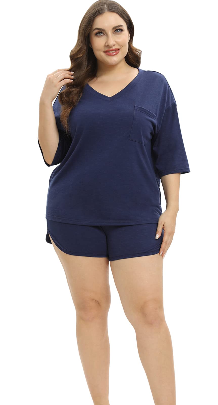 Women's Plus Size Short Pajama Set 2-Piece Pajamas Sets Shorts Summer Soft Pj Set Summer Lounge Set Sleepwear Navy
