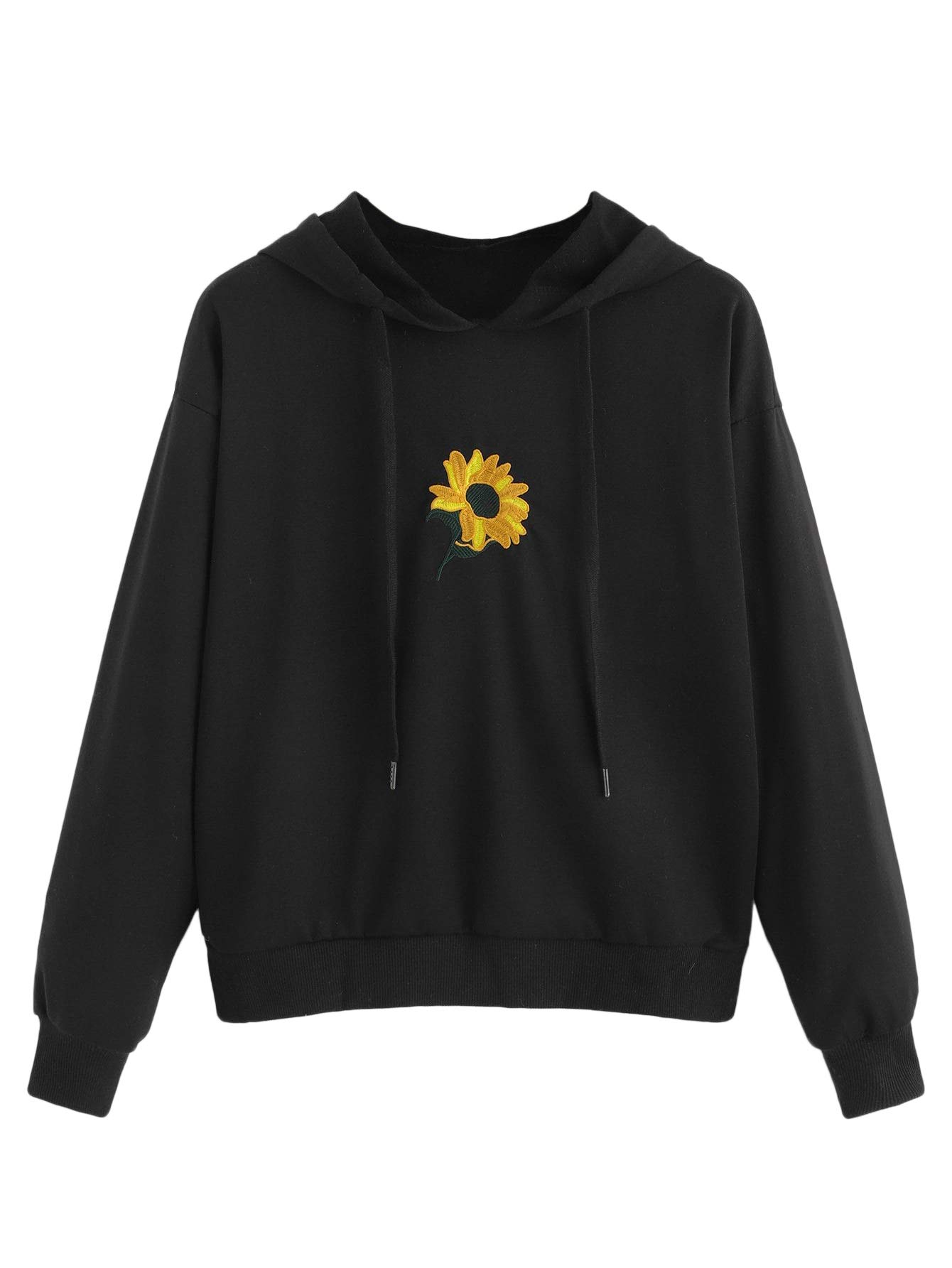 SweatyRocks Women's Floral Print Long Sleeve Hoodie Casual Drawing Sweatshirt Pullover Crop Top Black L